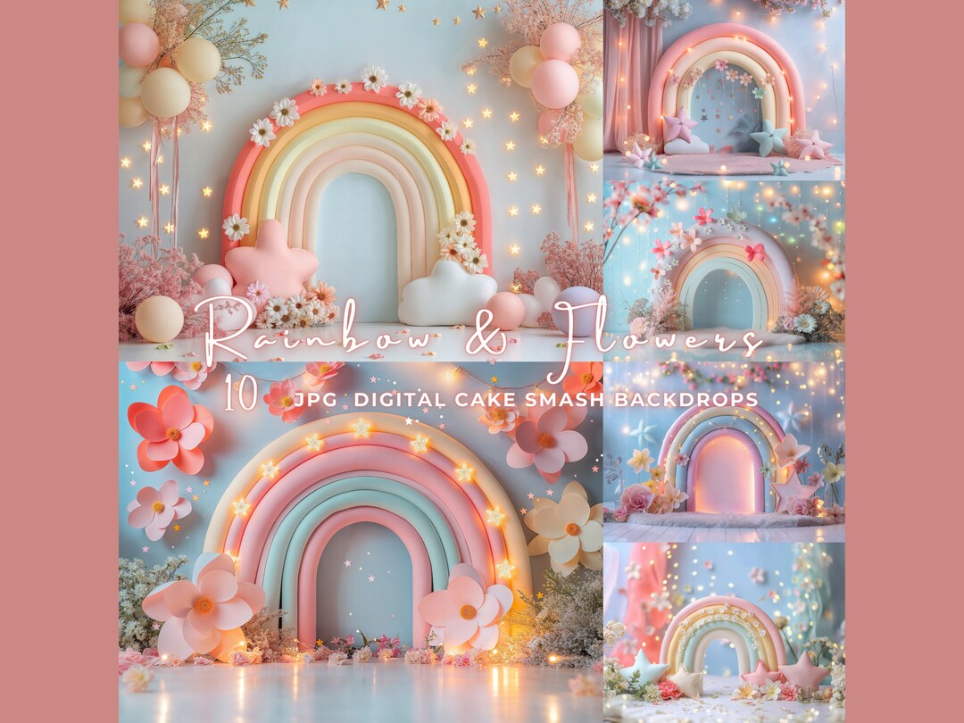 Rainbow Digital Photography Backdrop Flowers Cake Smash Rainbow Theme ...