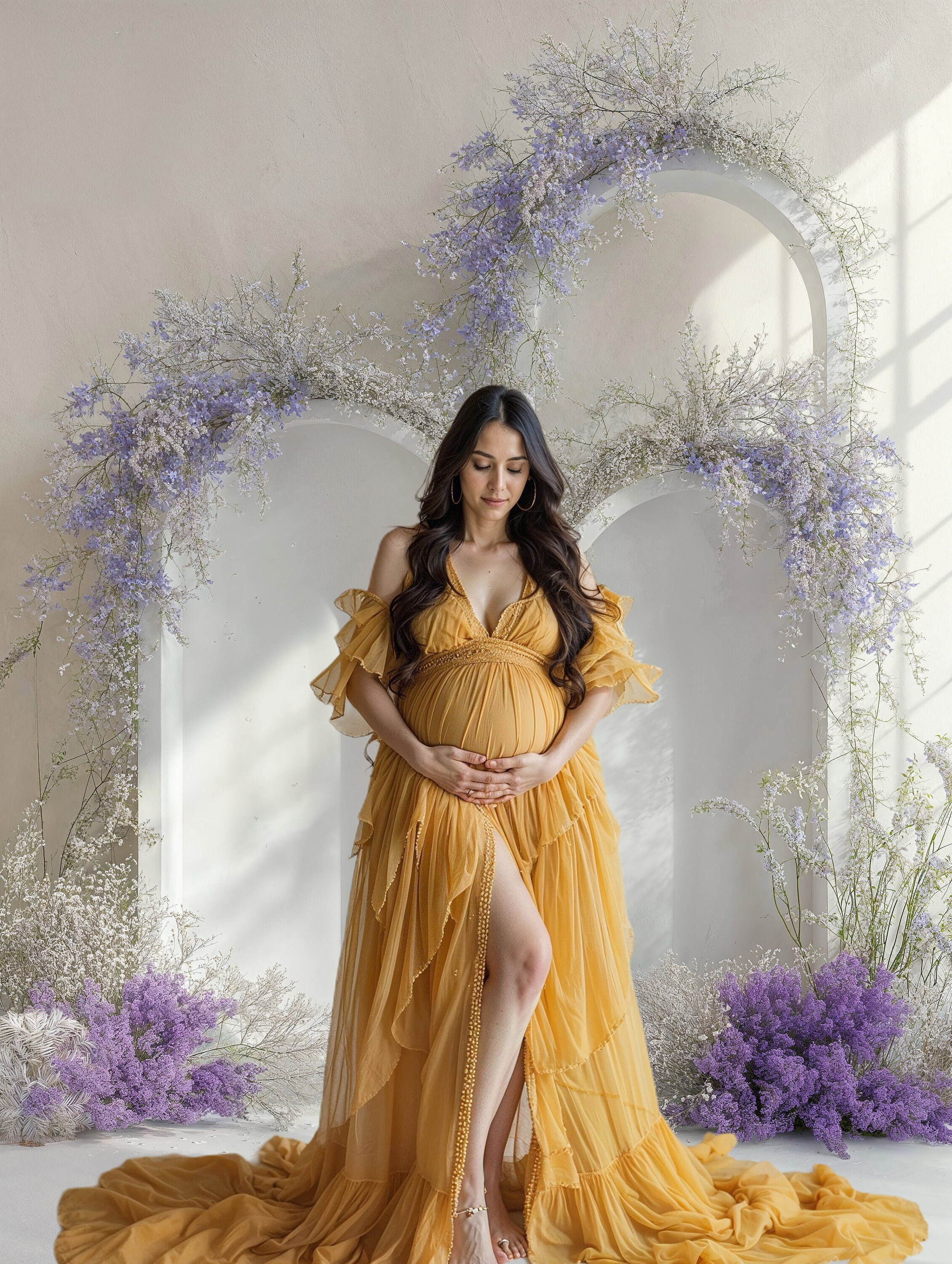 White Arch Digital Backdrop – Maternity Background, Purple Floral ...