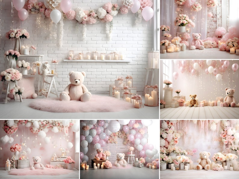 Baby Pink Teddy Digital Background Teddy Bear Baby Birthday - Etsy