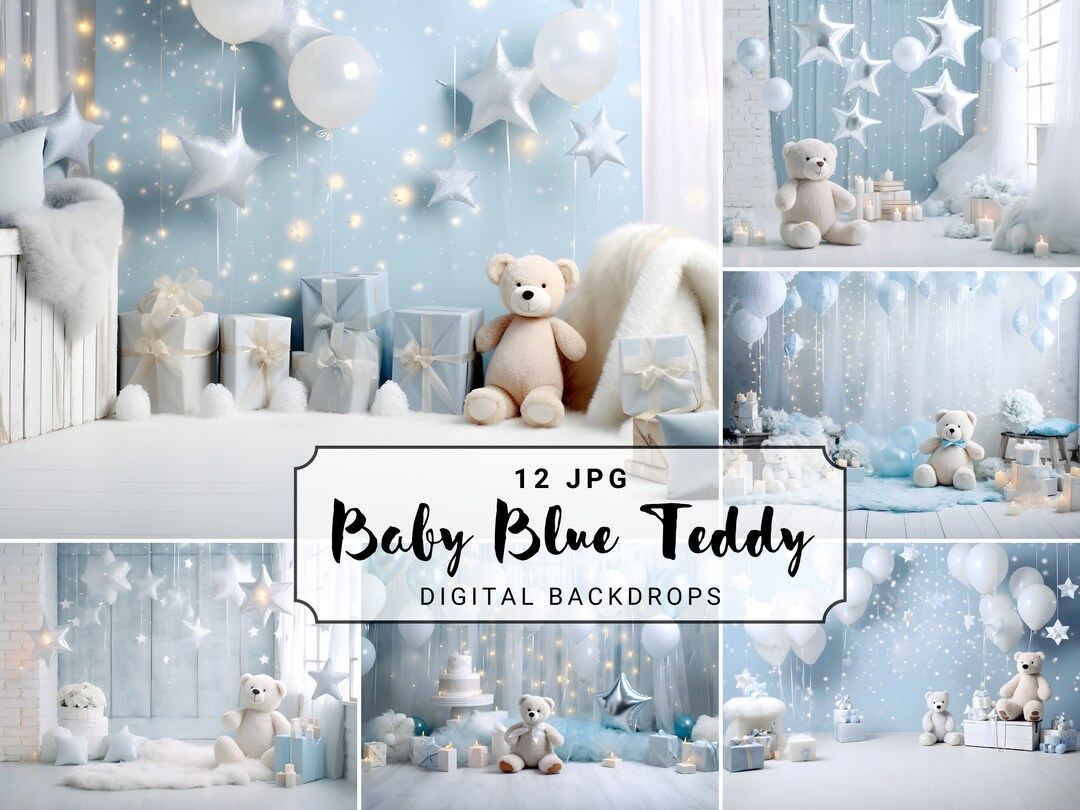 Baby Blue Teddy Digital Photography Backdrops Teddy Bear Baby Birthday ...