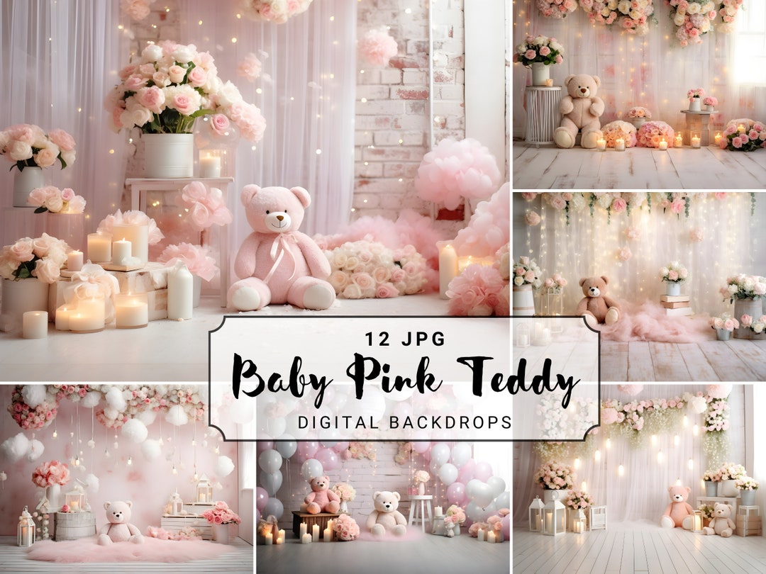 Baby Pink Teddy Digital Background Teddy Bear Baby Birthday - Etsy