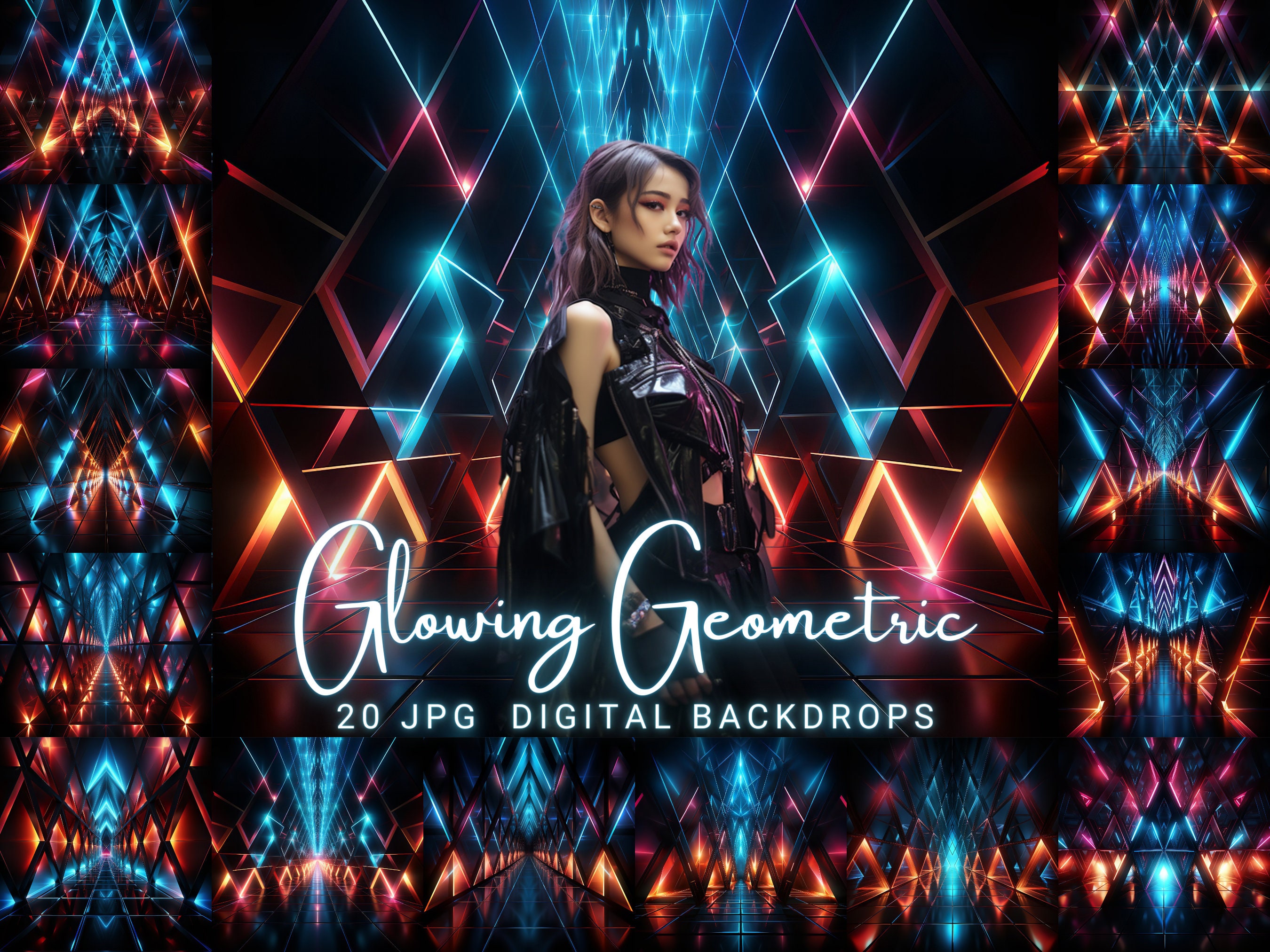 Glowing Geometric Digital Background Neon Photography Backdrops Neon ...