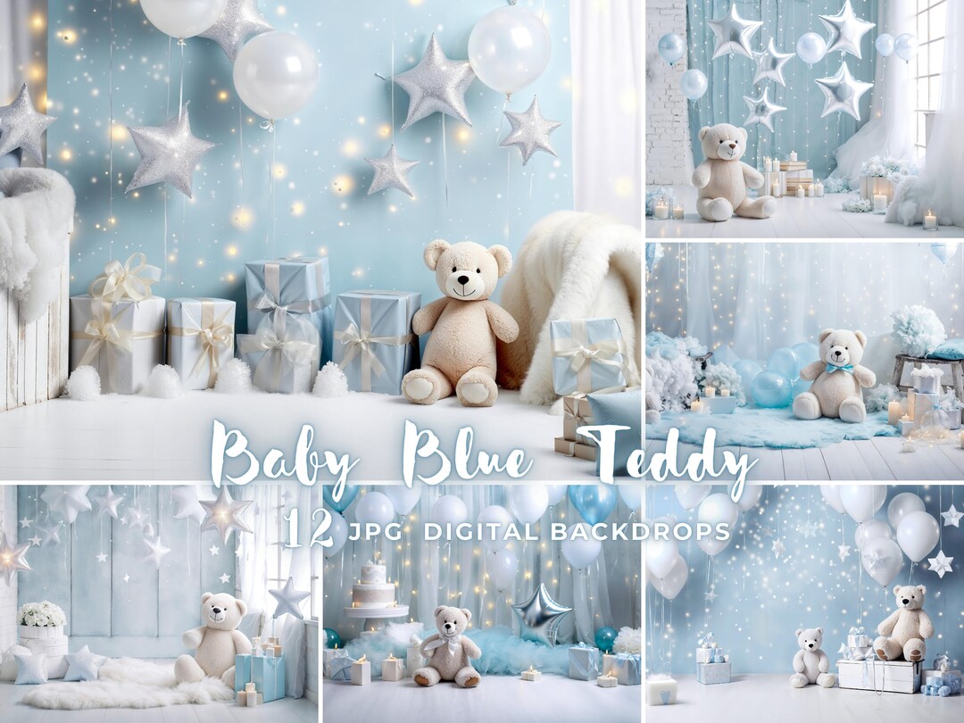 Baby Blue Teddy Digital Photography Backdrops Teddy Bear Baby Birthday ...