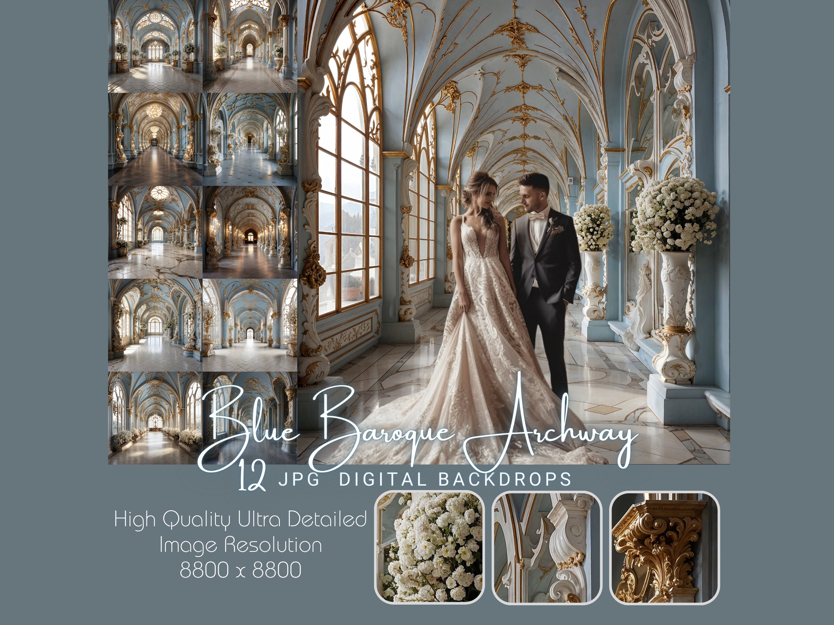 Blue Baroque Digital Backdrop Baroque Wedding Digital Background Blue ...