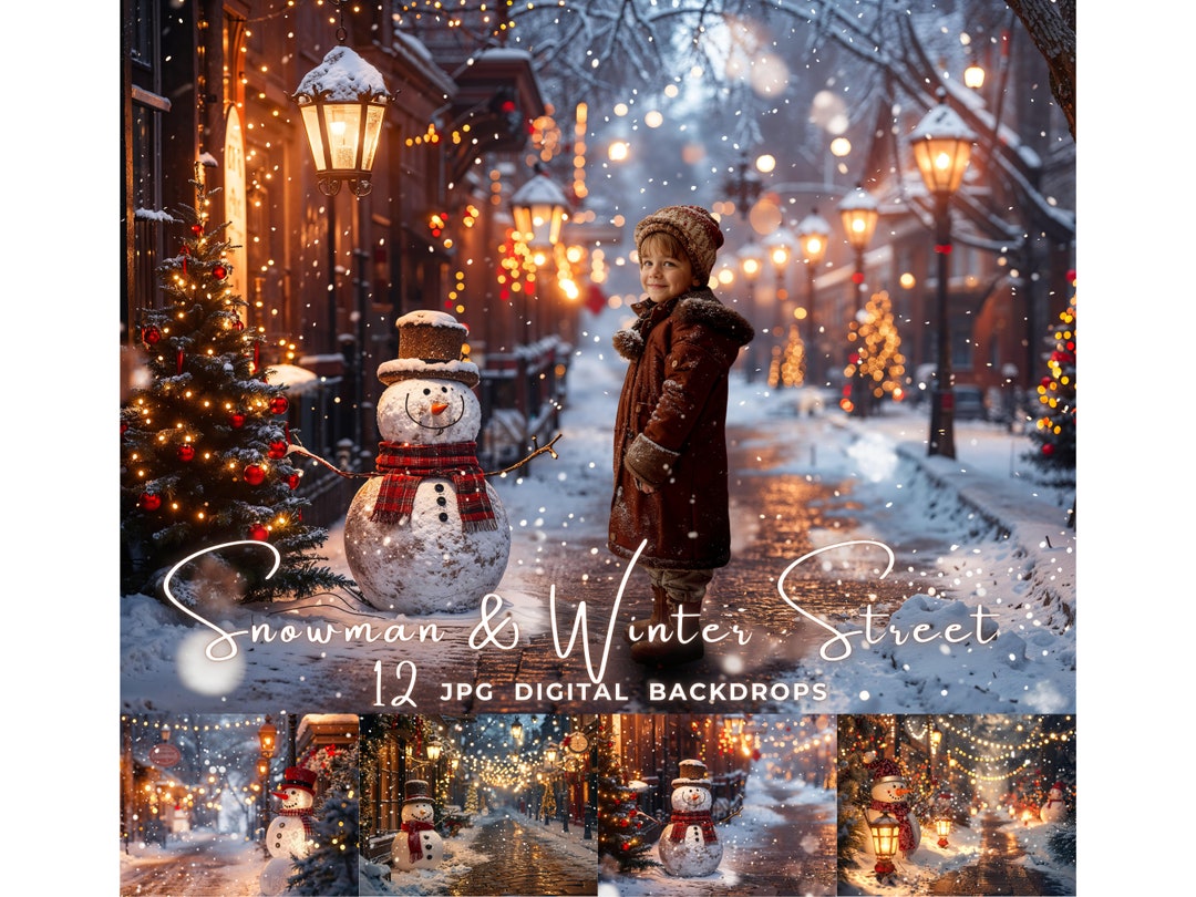 Snowman Digital Backdrop, Christmas Street Photography Background ...