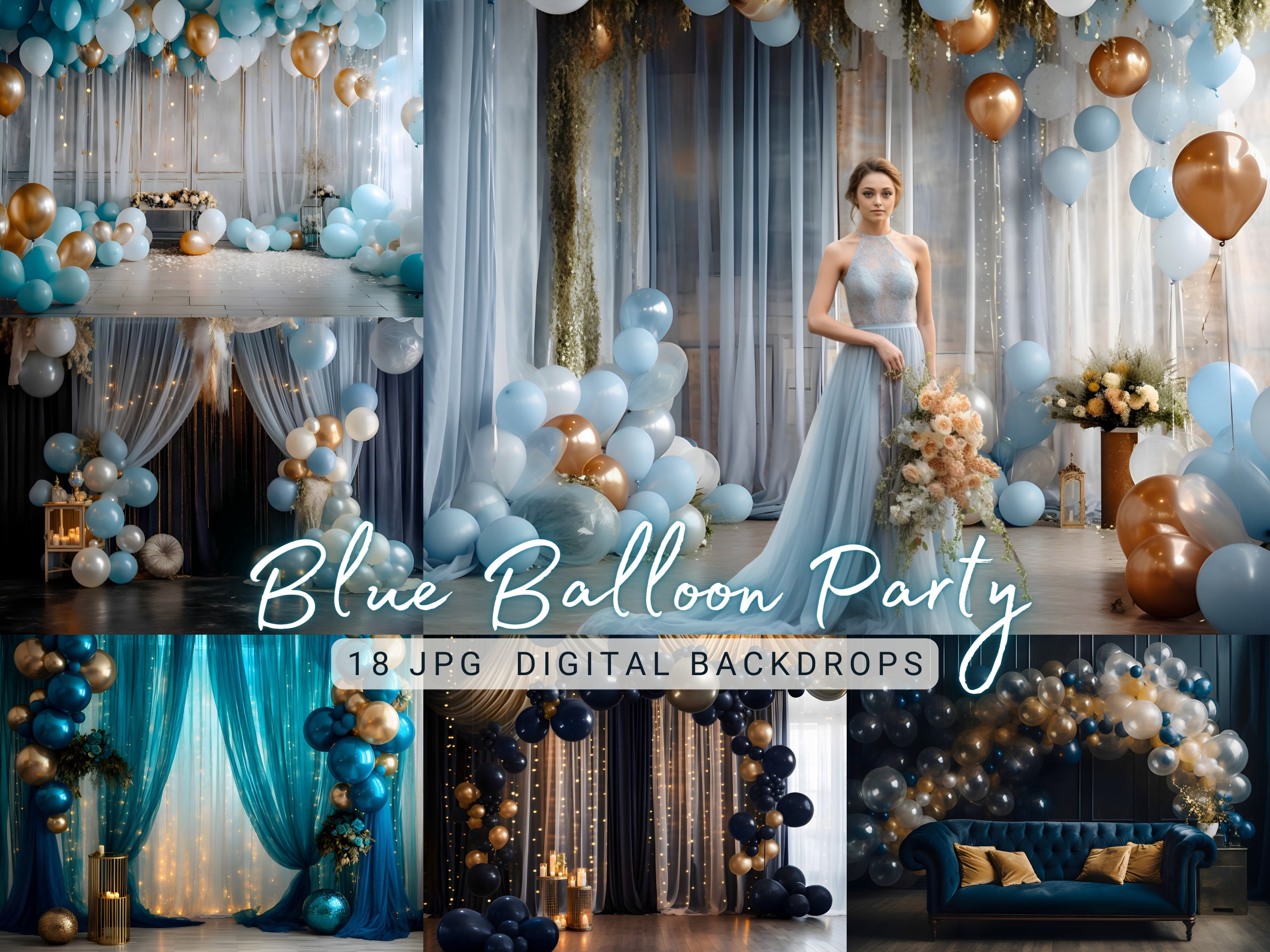 Blue Balloon Party Digital Backdrop Cake Smash Backdrop Blue and Gold ...