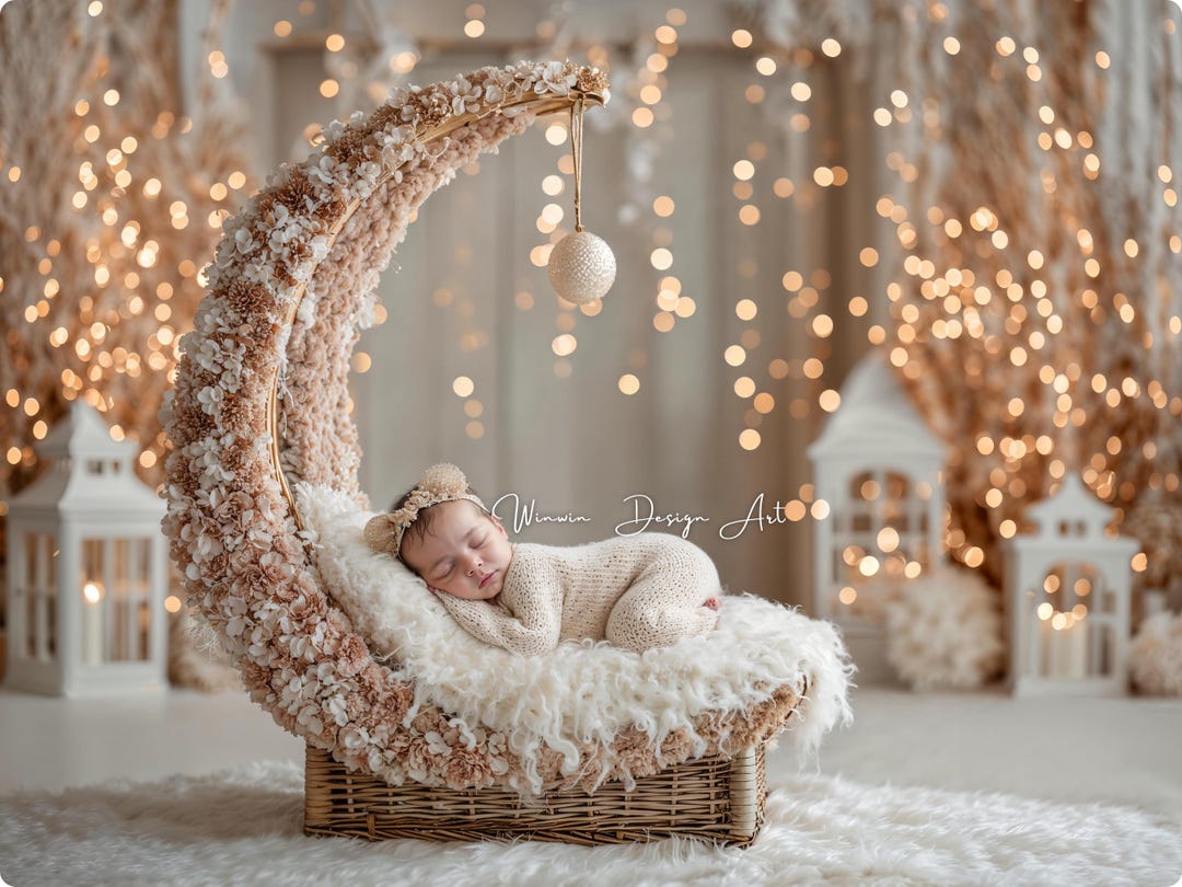 Crescent Moon Newborn Digital Backdrop – Beige Boho Bassinet Baby ...