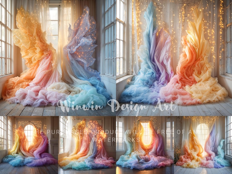 Dreamy Tulle Digital Backdrop Rainbow Fabrics Background Maternity ...