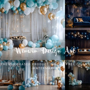 Blue Balloon Party Digital Backdrop Cake Smash Backdrop Blue and Gold ...