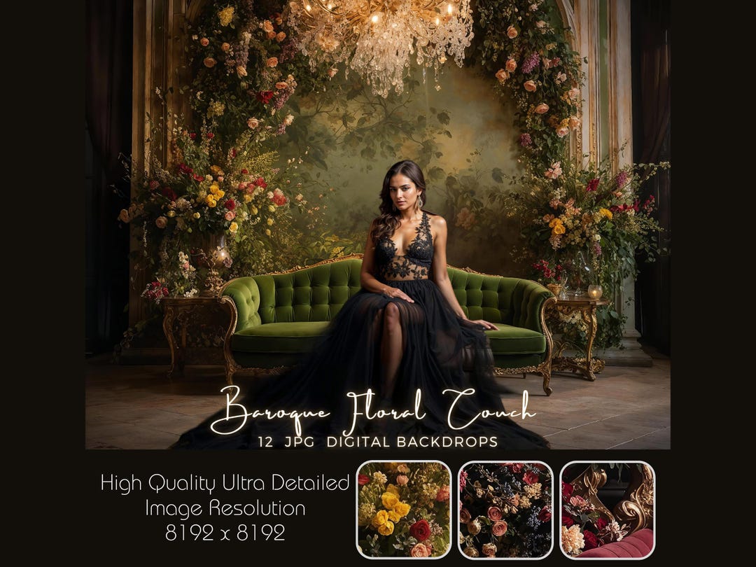 Baroque Floral Couch Digital Backdrop – Maternity Sofa Portrait Overlay ...