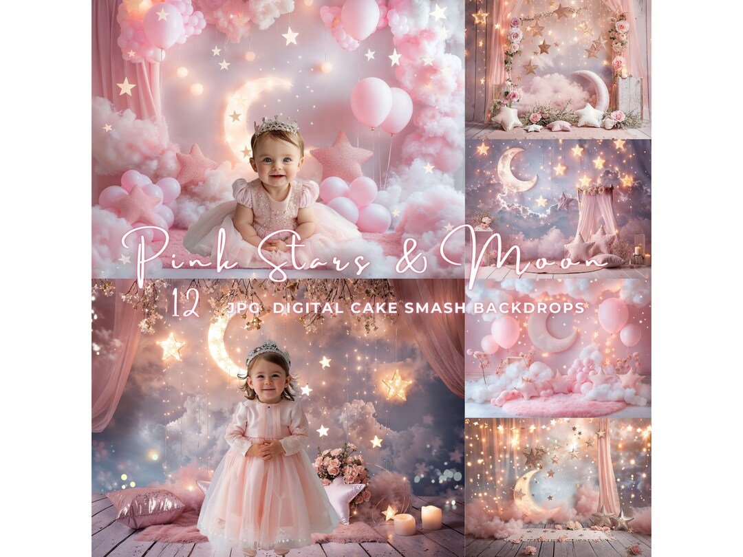 Pink Stars Digital Backdrop, Crescent Moon Cake Smash Photography ...