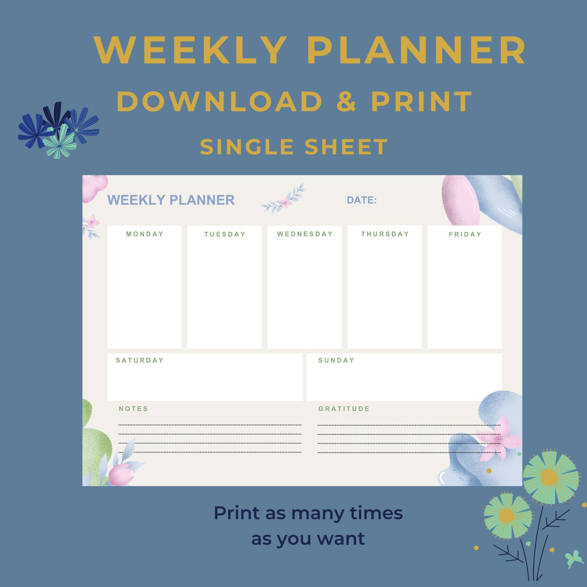 Weekly Printable Planner Sheet. Plan Your Weekly Schedule or Use as a ...