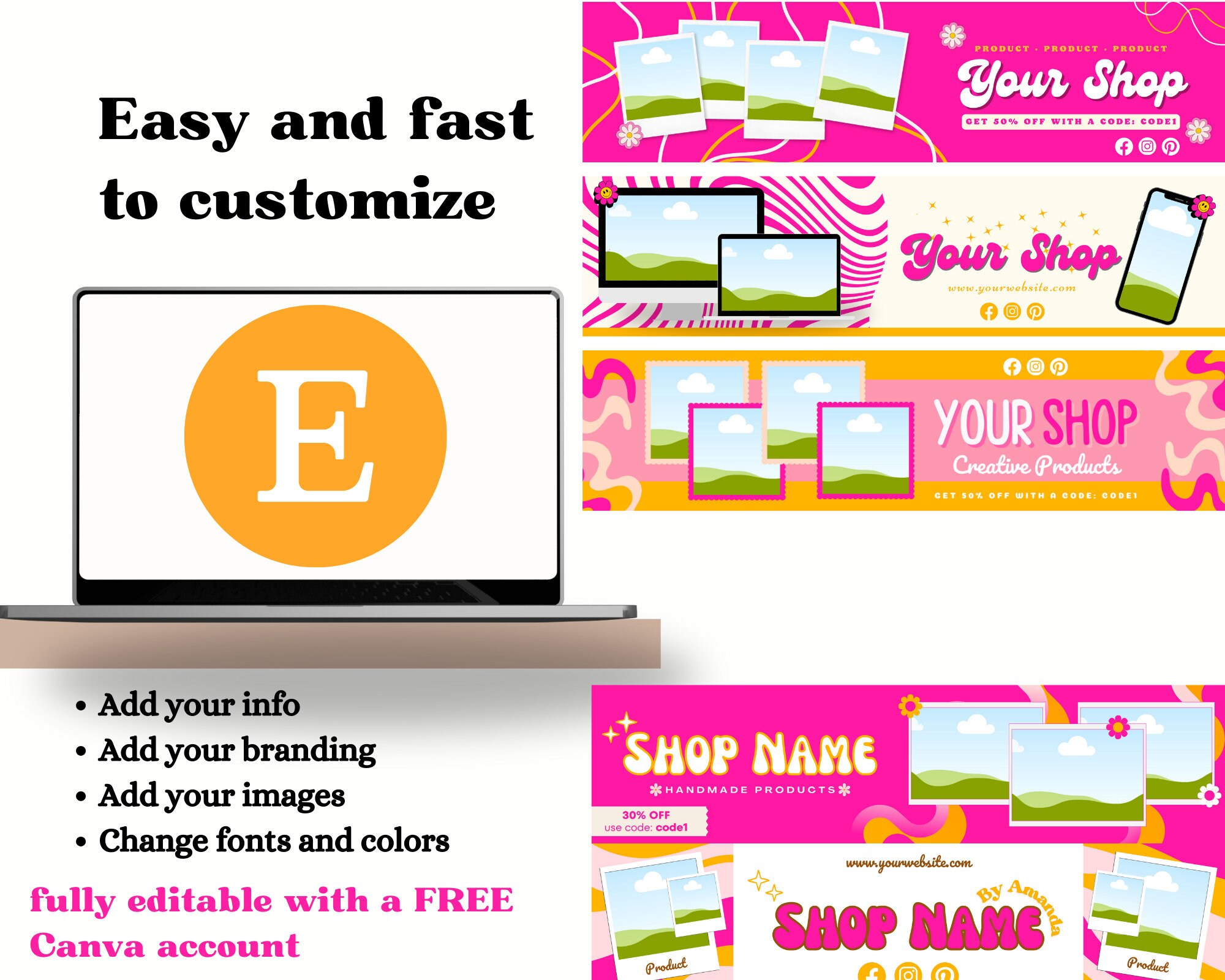 Pink Etsy Shop Banner Mockups, Canva Template, Pink Orange Etsy Shop ...