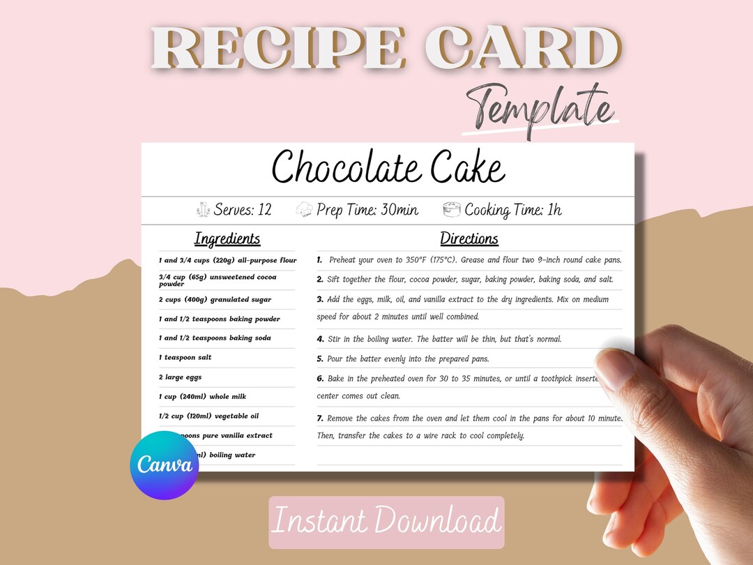 Editable Recipe Card Canva Template, Printable 6x4, Ingredients Card ...