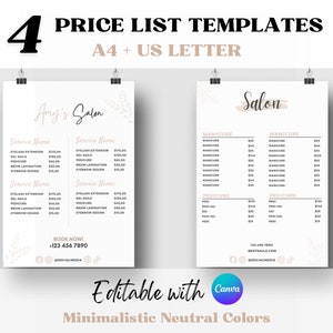 4 Price Lists Templates Canva Printable Editable Minimalist Business ...