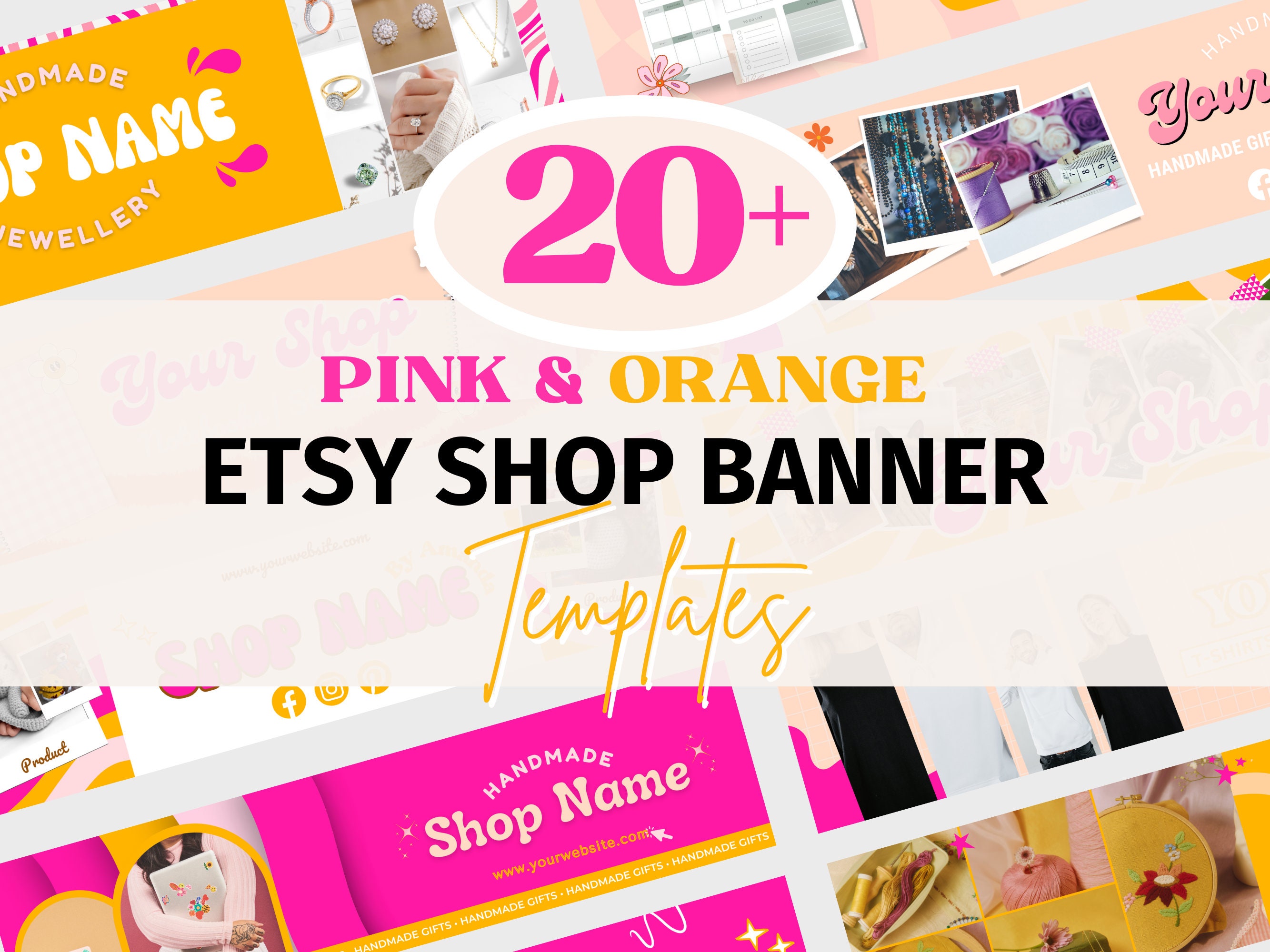 Pink Etsy Shop Banner Mockups, Canva Template, Pink Orange Etsy Shop ...