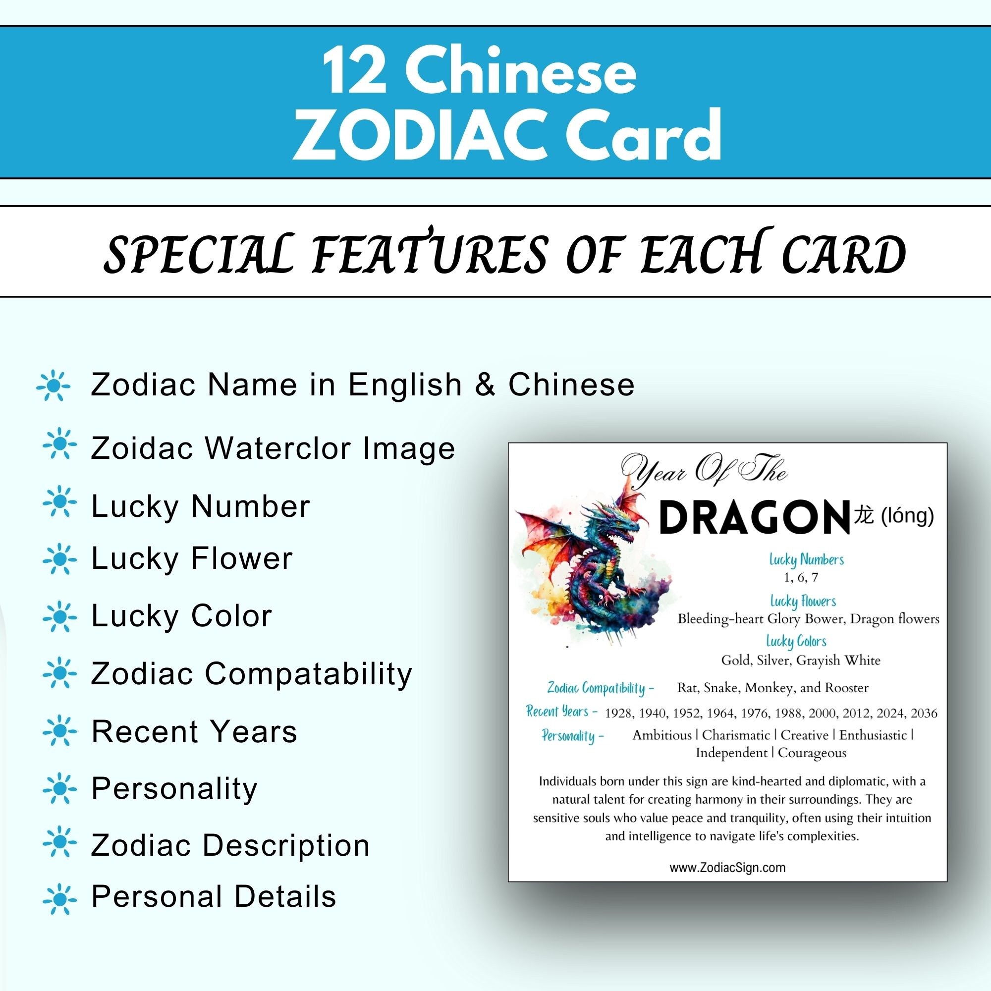 12 Chinese Zodiac Printable Canva Editable Astrology Cards Watercolor ...