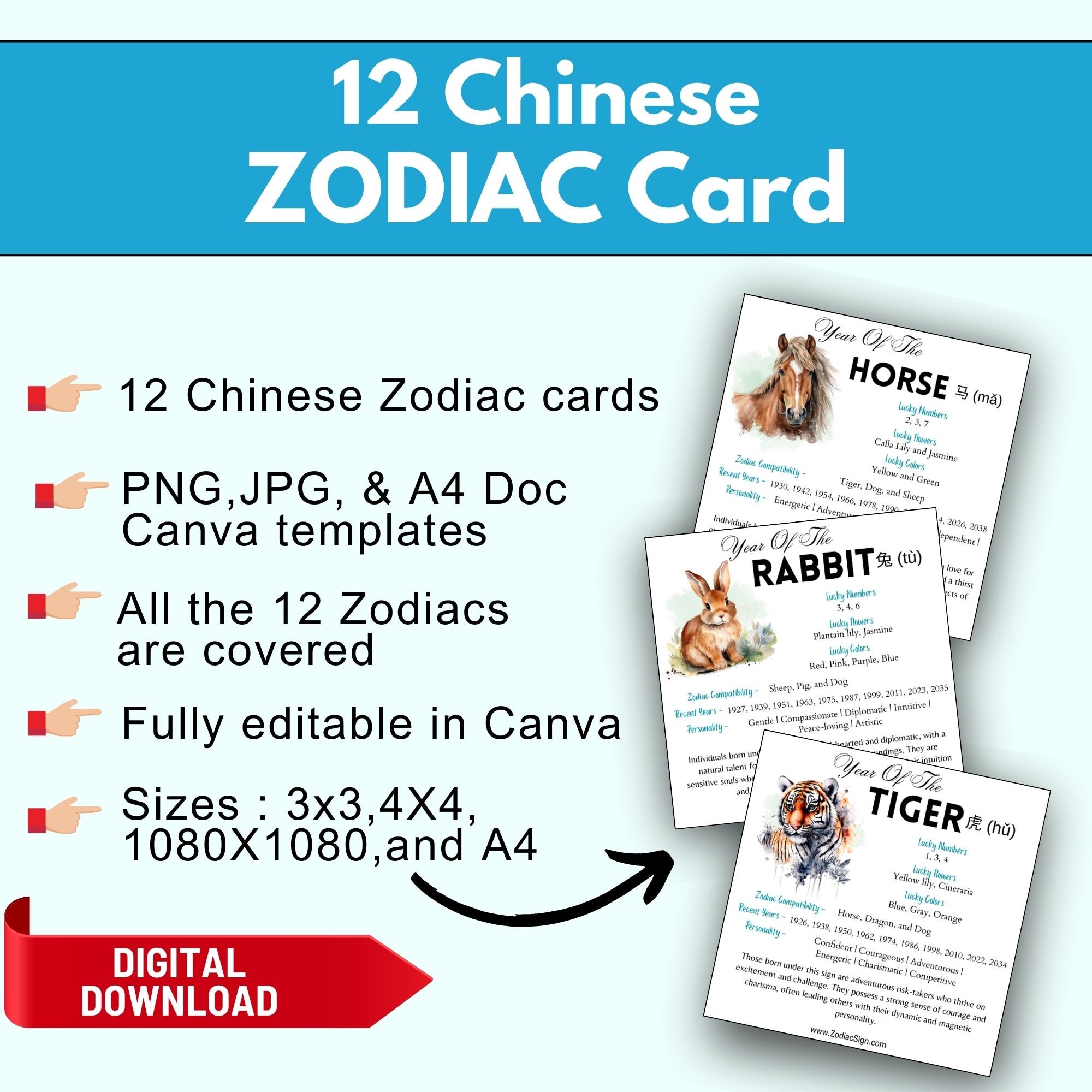 12 Chinese Zodiac Printable Canva Editable Astrology Cards Watercolor ...