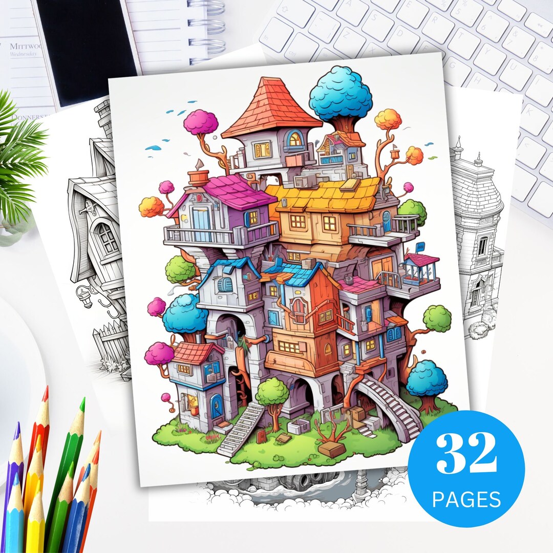 32 Isometric Coloring Pages Isometric Fantasy Buildings/monuments ...