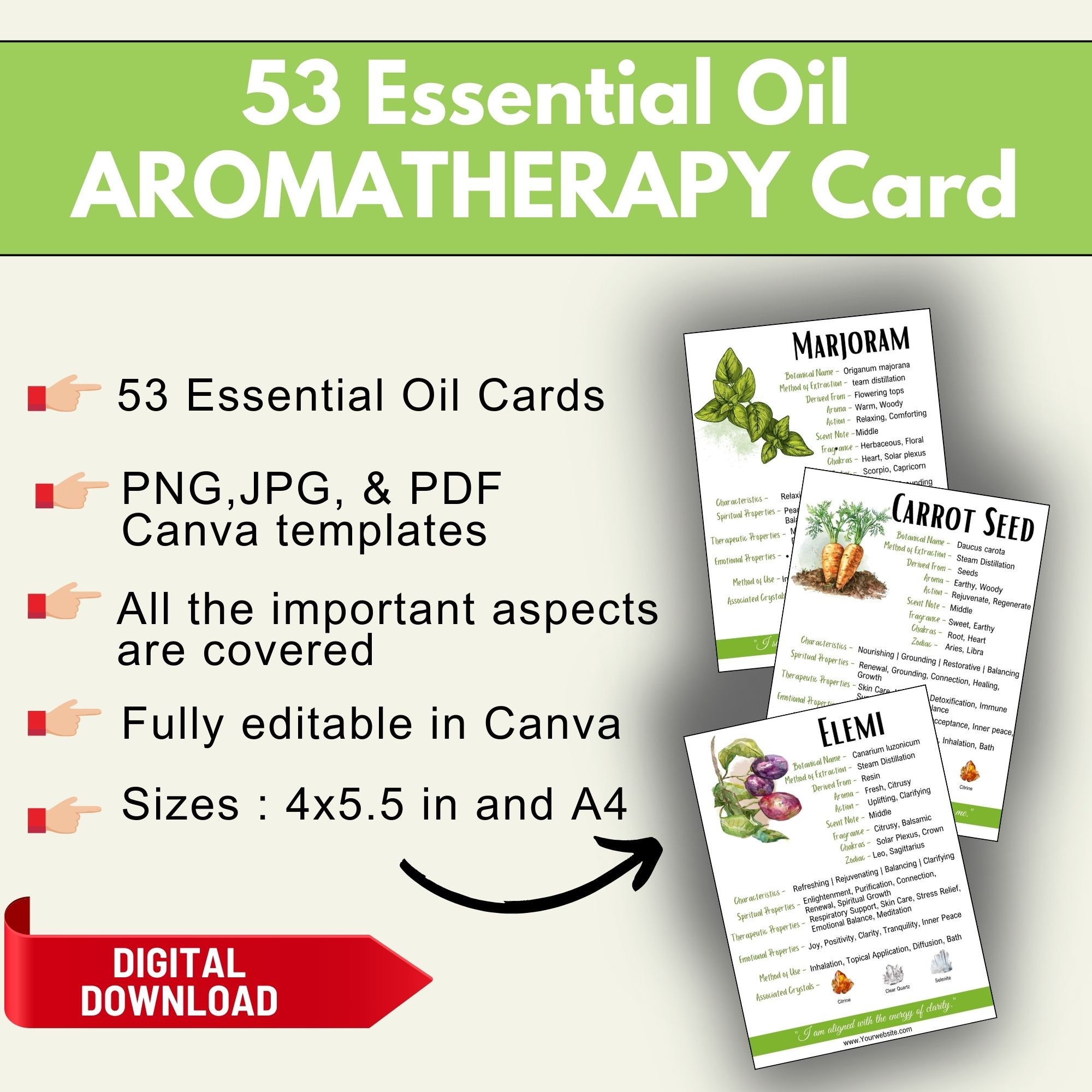 53 Essential Oil Cards Printable Aromatherapy Cards Bundle, Canva ...