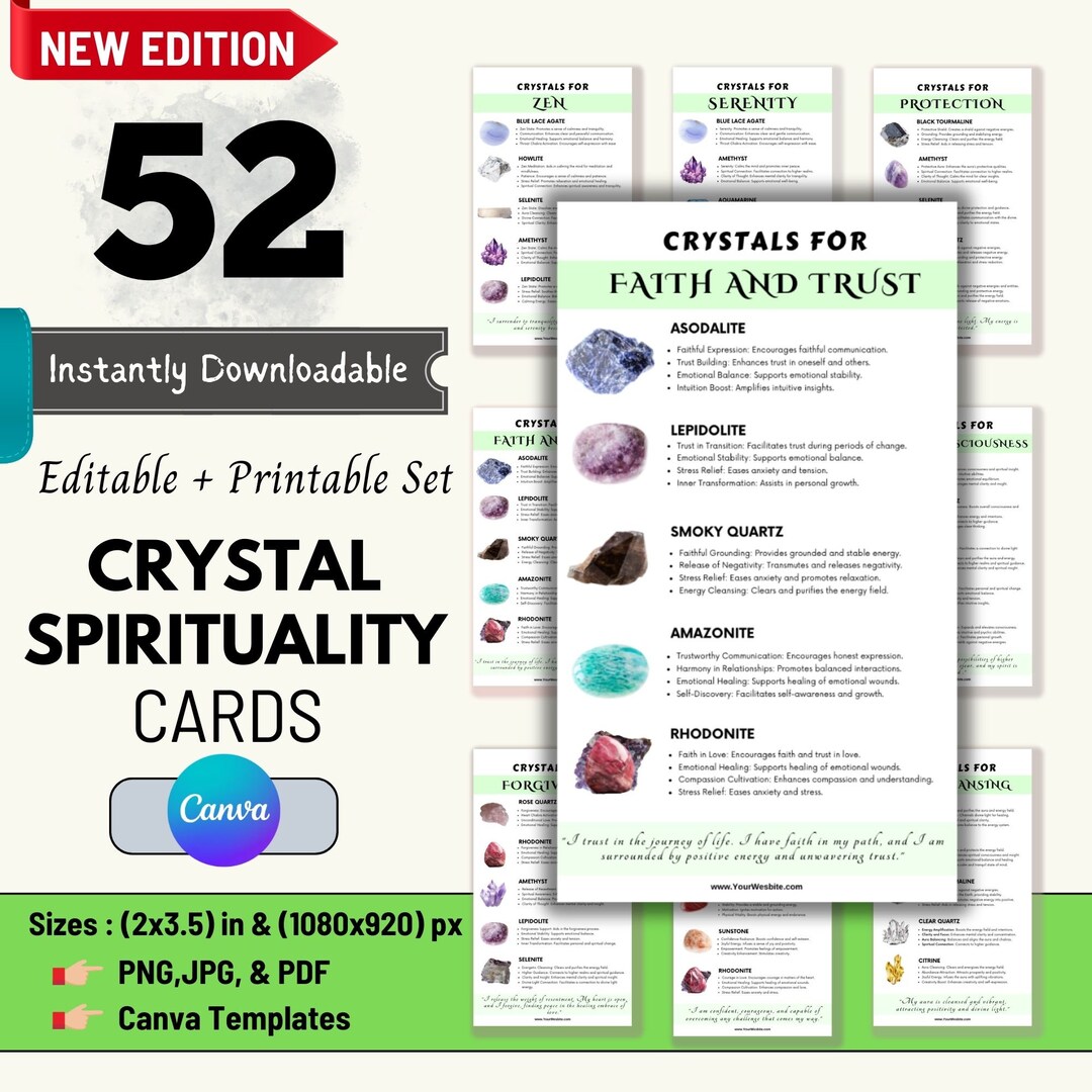 52 Crystals Meaning Spirituality Cards Crystal Cards Bundle: Editable ...