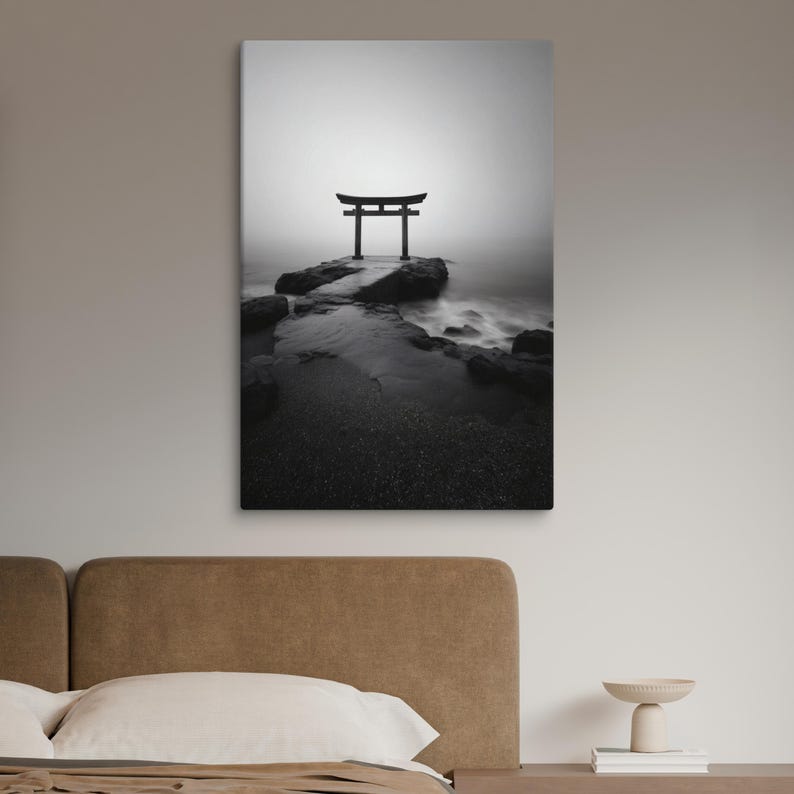 Japandi Torii Gate Canvas Print – Minimalist Black & White Coastal Art ...