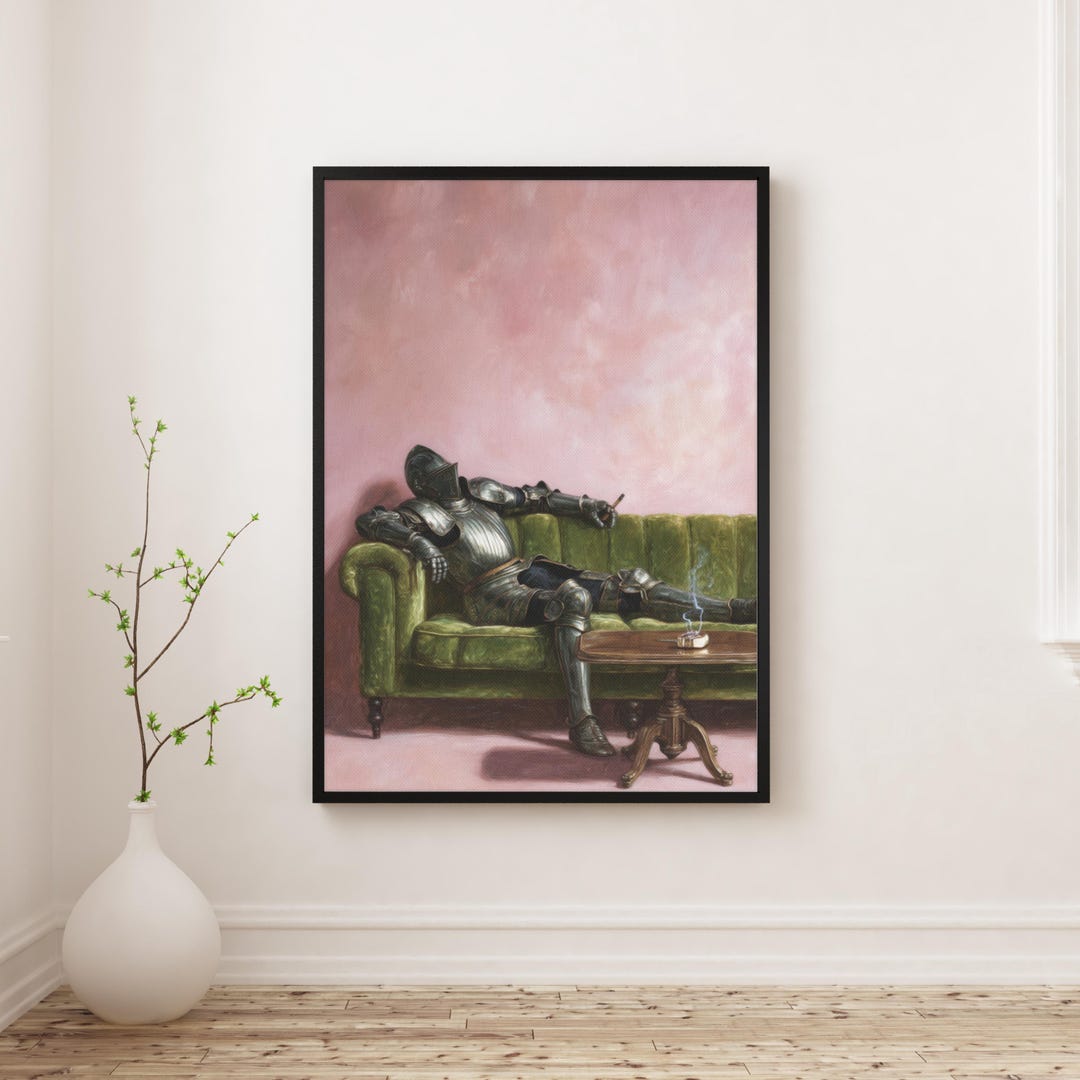 Knight on Green Sofa Canvas Print – Surreal Living Room Art - Etsy