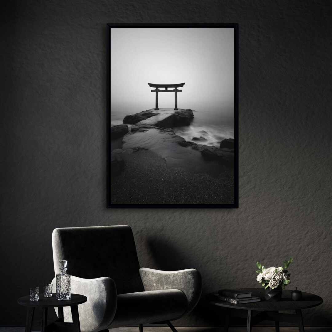 Japandi Torii Gate Canvas Print – Minimalist Black & White Coastal Art ...