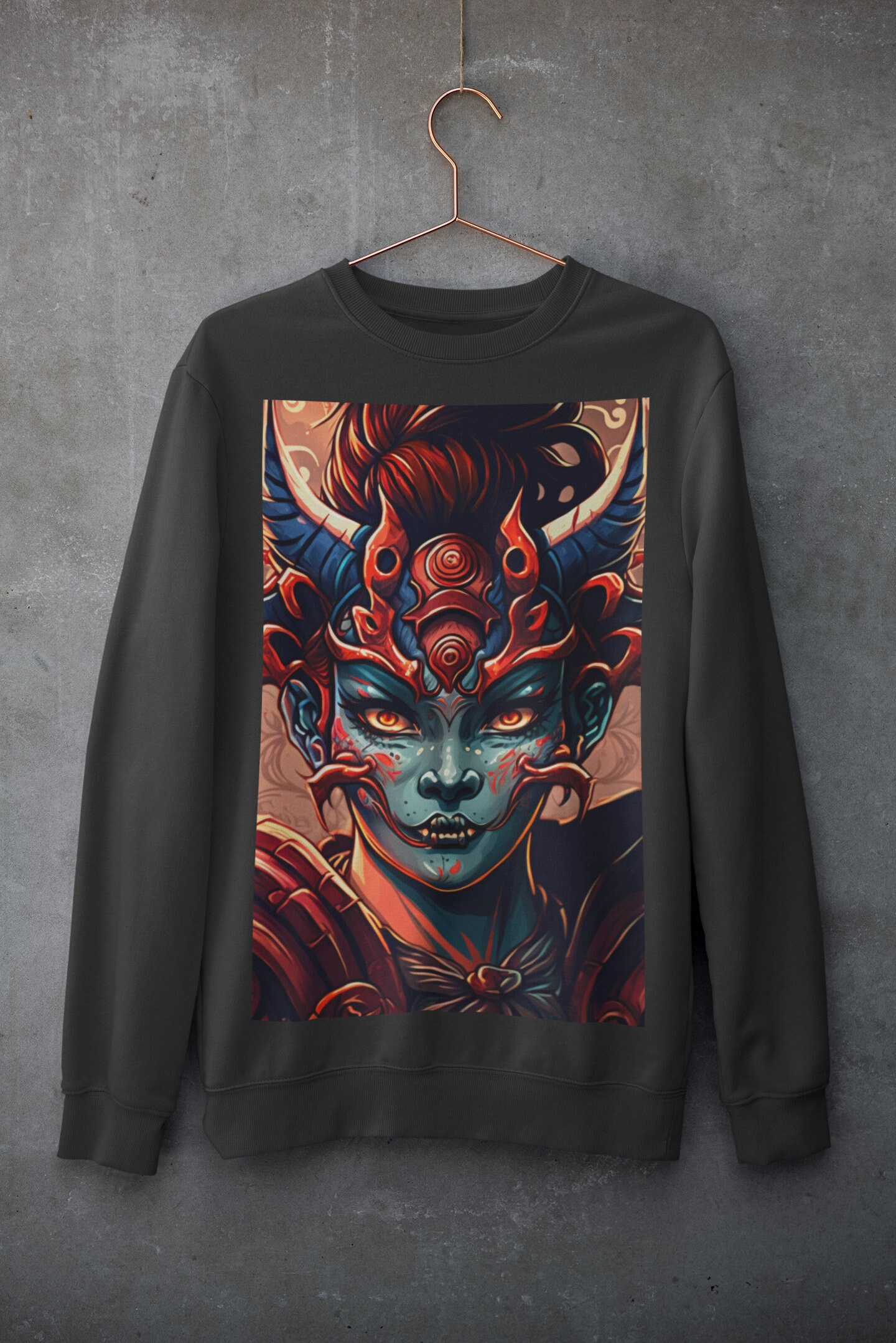 Japanese Oni Mask Sweater, Demon Graphic Tee, Anime Streetwear ...