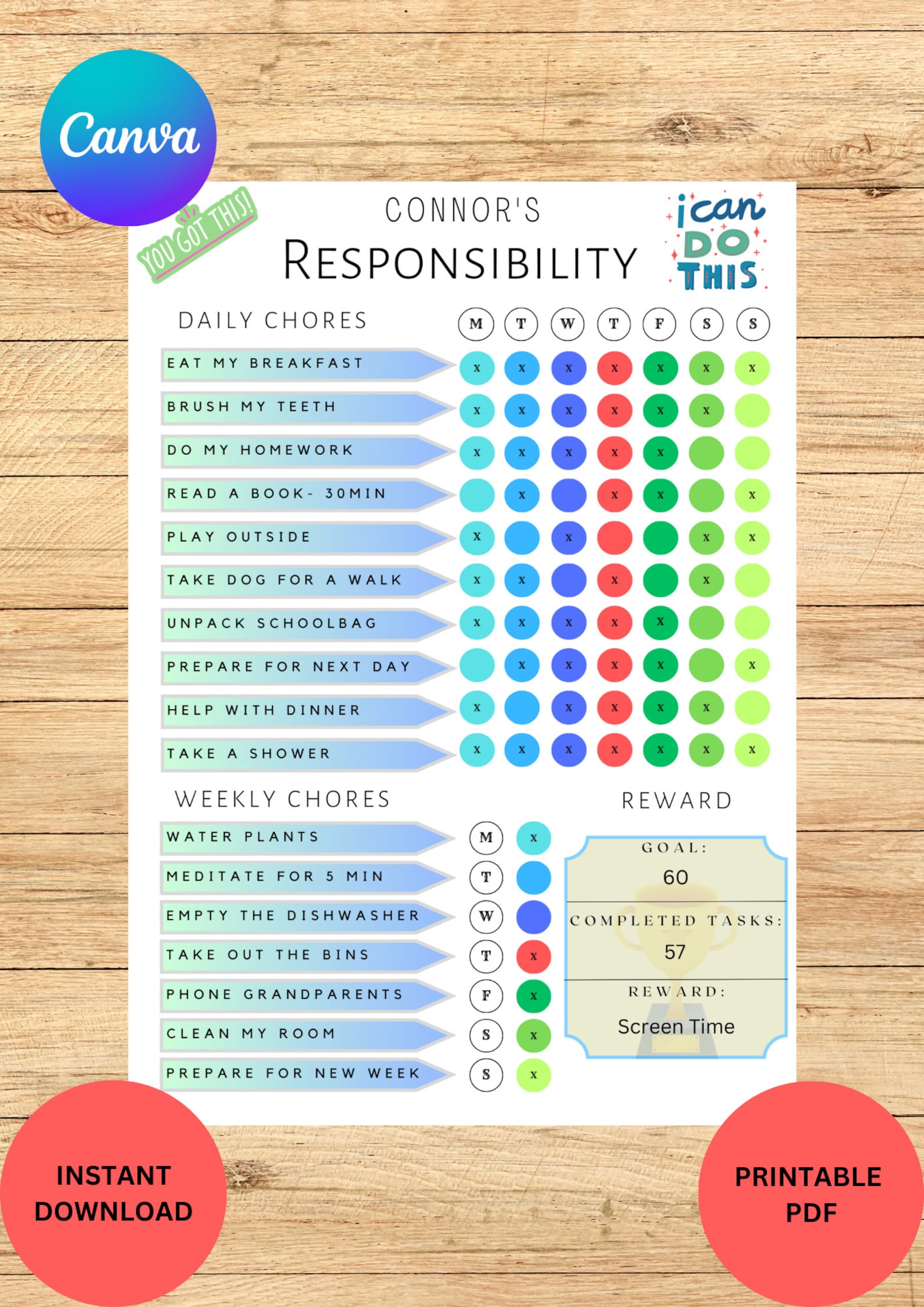 Kids Responsibility Tracker, Daily Checklist, Reward Chart for Kids ...