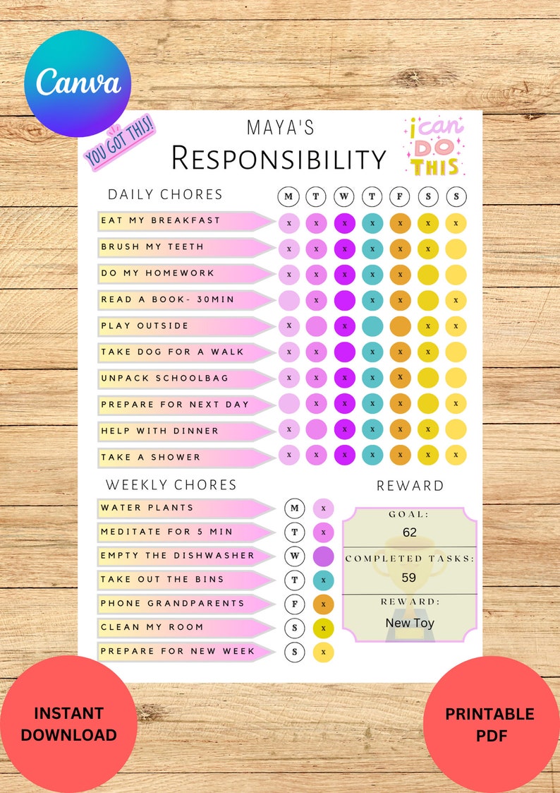 Kids Responsibility Tracker, Daily Checklist, Reward Chart for Kids ...