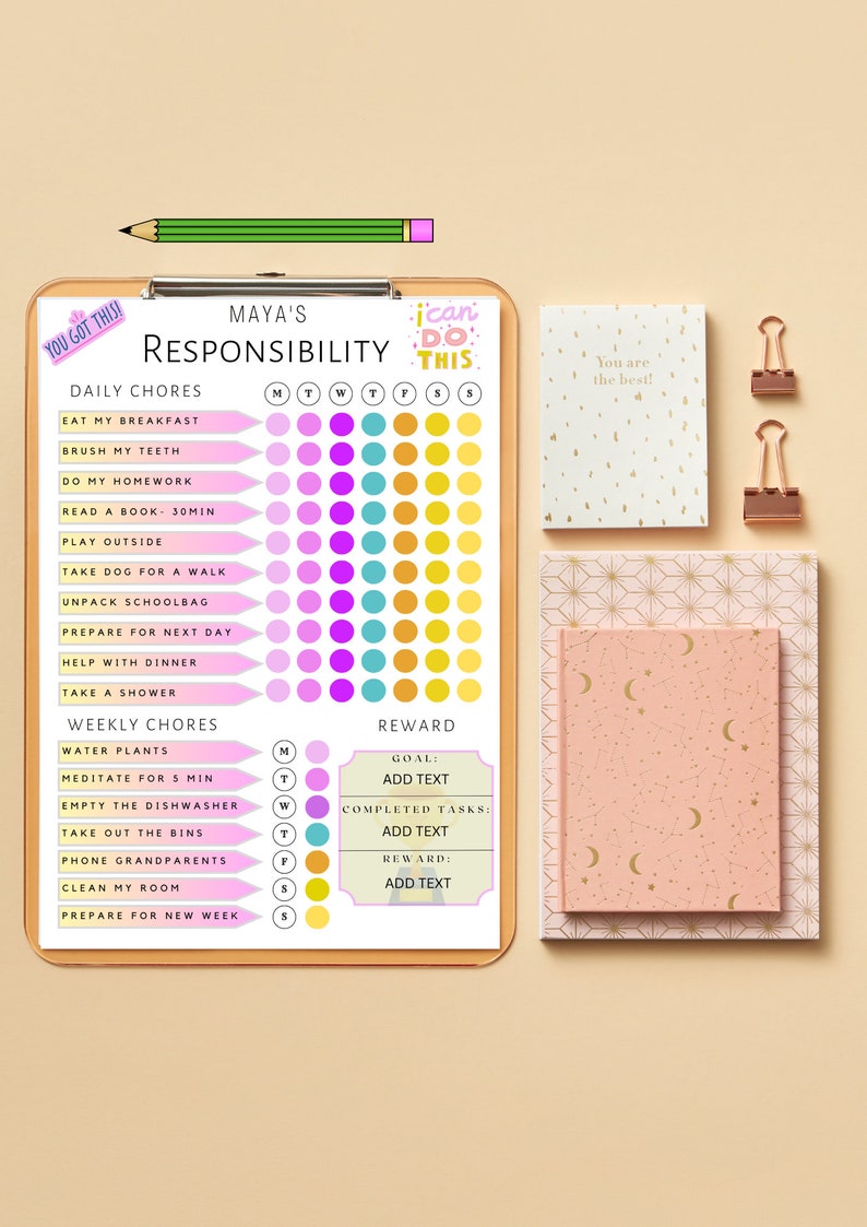 Kids Responsibility Tracker, Daily Checklist, Reward Chart for Kids ...