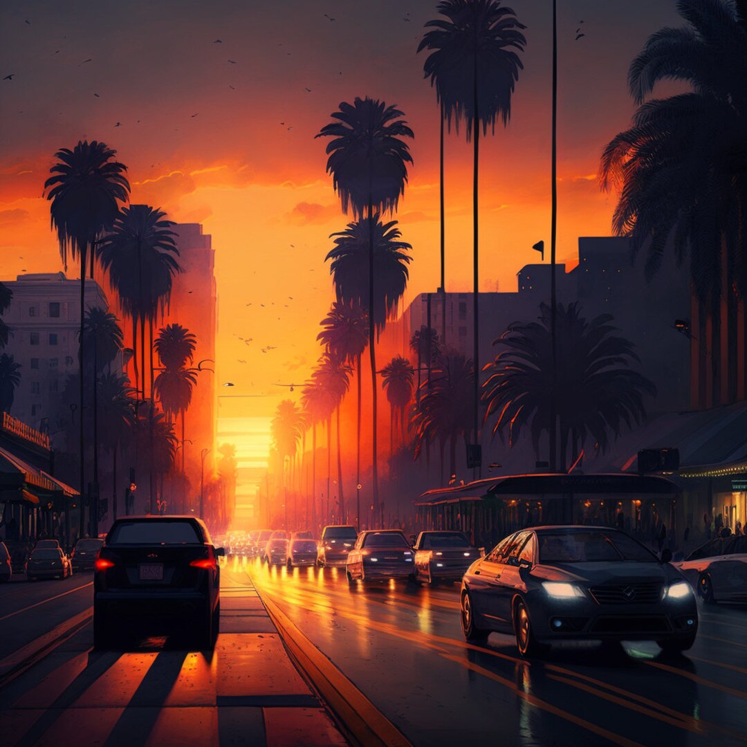 Sunset Boulevard - a Digital Painting Featuring a Busy Street in a City ...