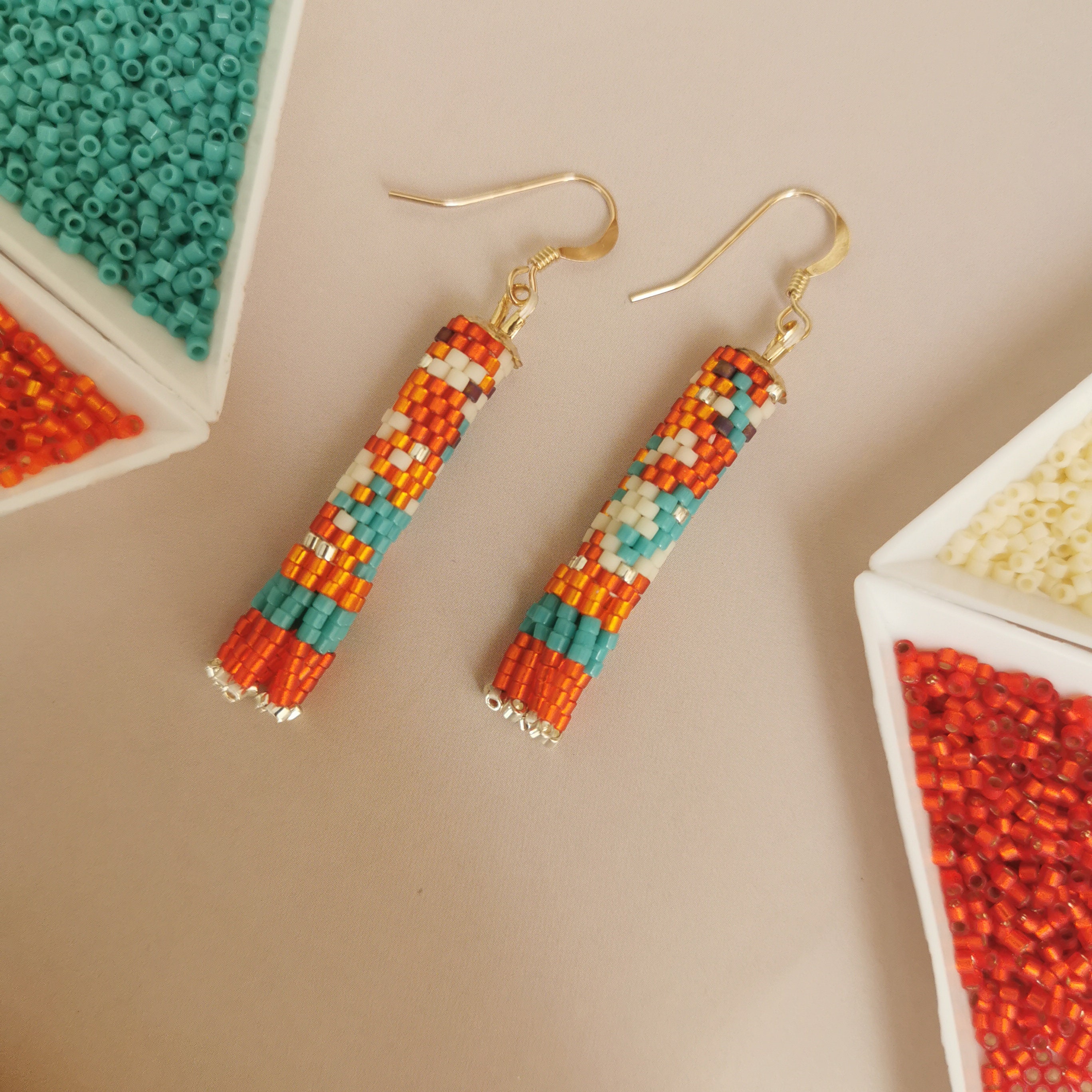 Beaded Cylinder Fringe Earrings, Orange Turquoise Geometrical Fringe ...