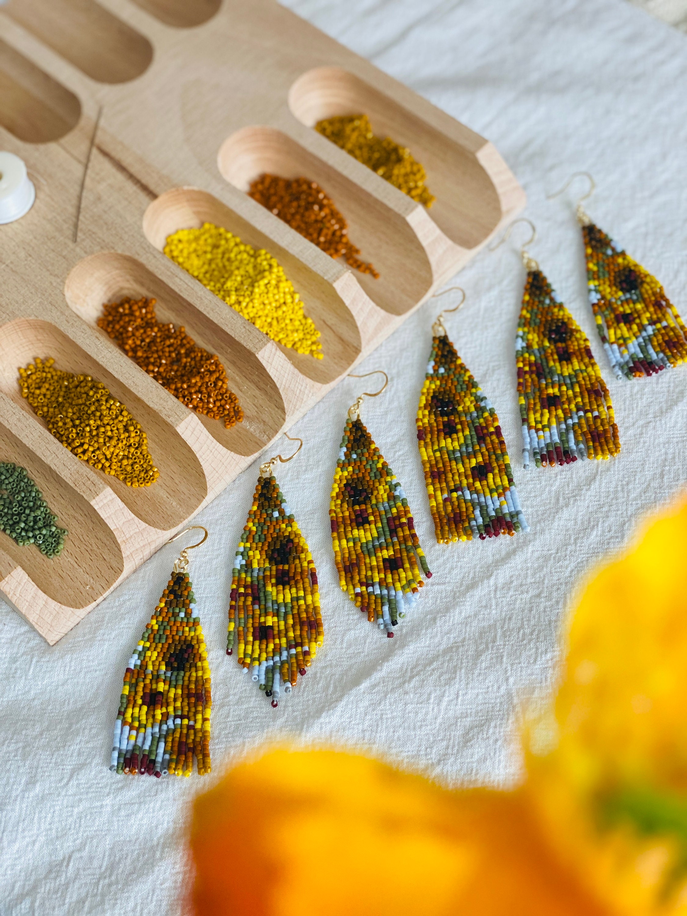 Sunflowers Beaded Earrings, Flower Fringe Earrings, Floral Beaded ...