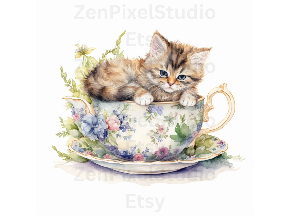 Kitten in Teacup Clipart Pack 12 High Quality Jpgs Set 1 - Etsy