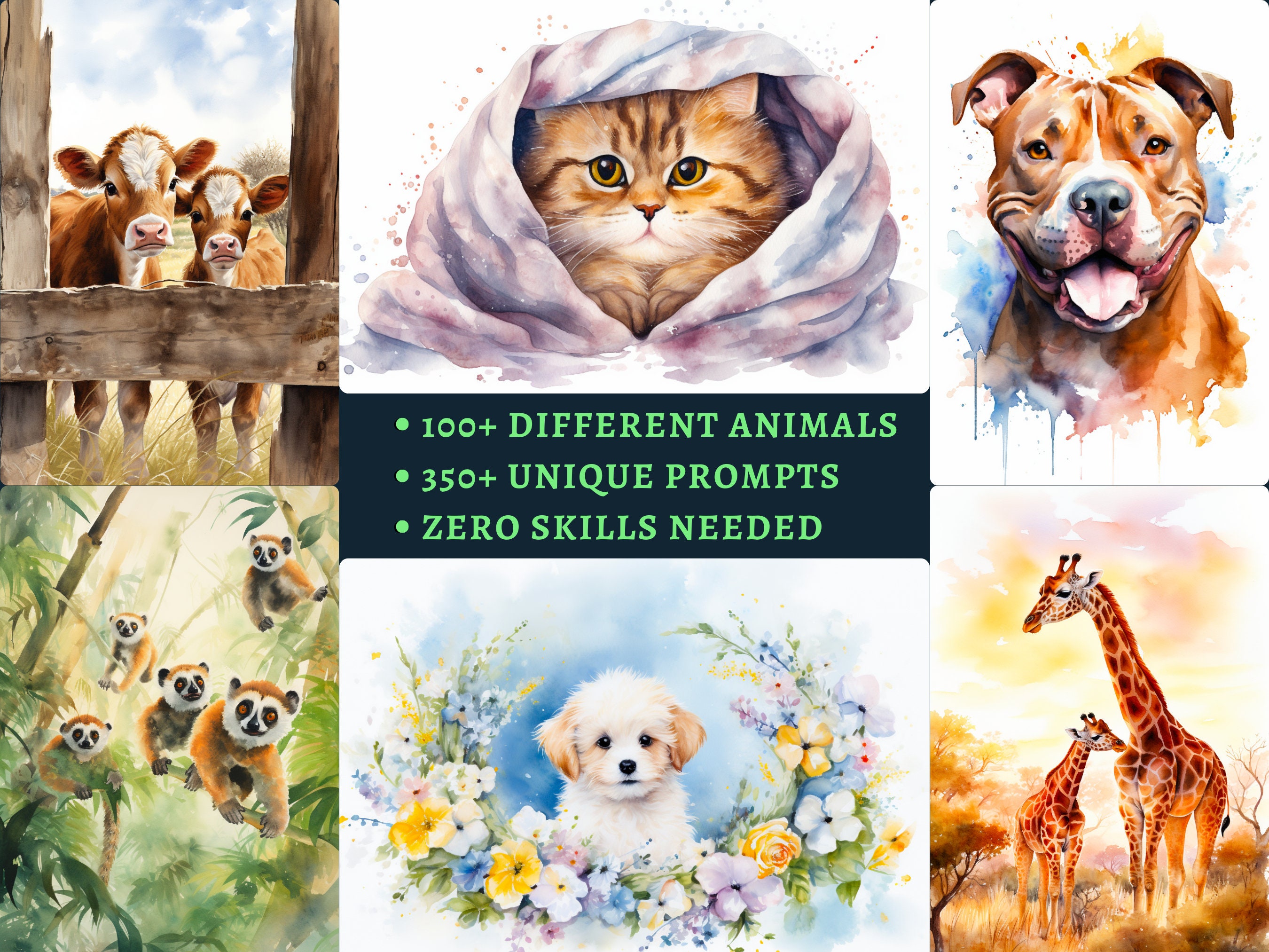 350 Midjourney Prompts for Cute Watercolor Animals Includes Bonus ...