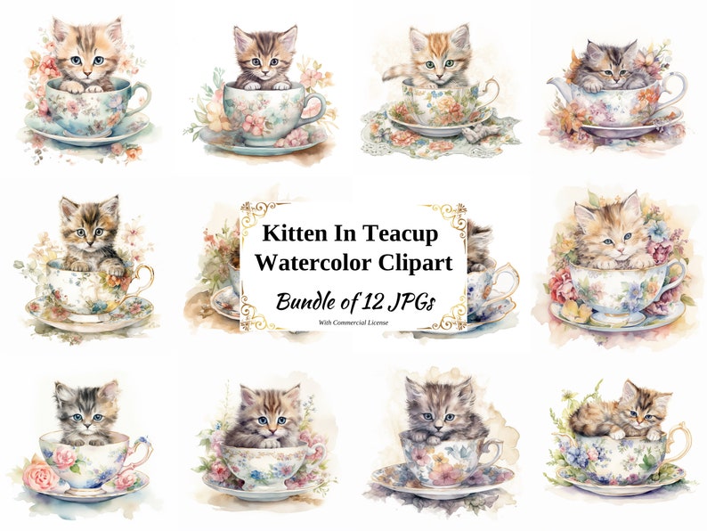 Kitten in Teacup Clipart Pack - 12 High Quality Jpgs - Set 1 - Digital ...