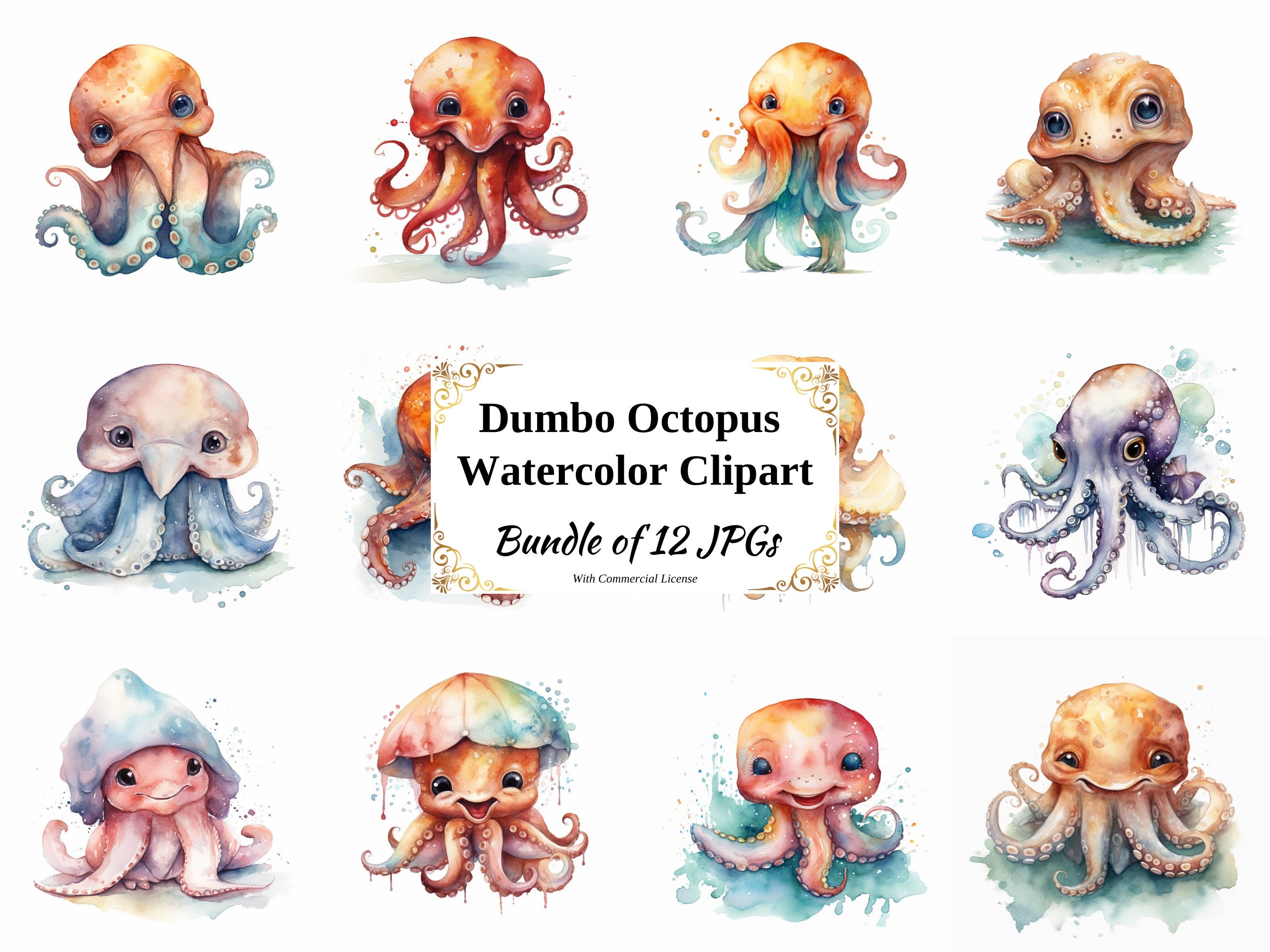 Dumbo Octopus Digital Clipart Pack - 12 High Quality Jpgs - Digital ...