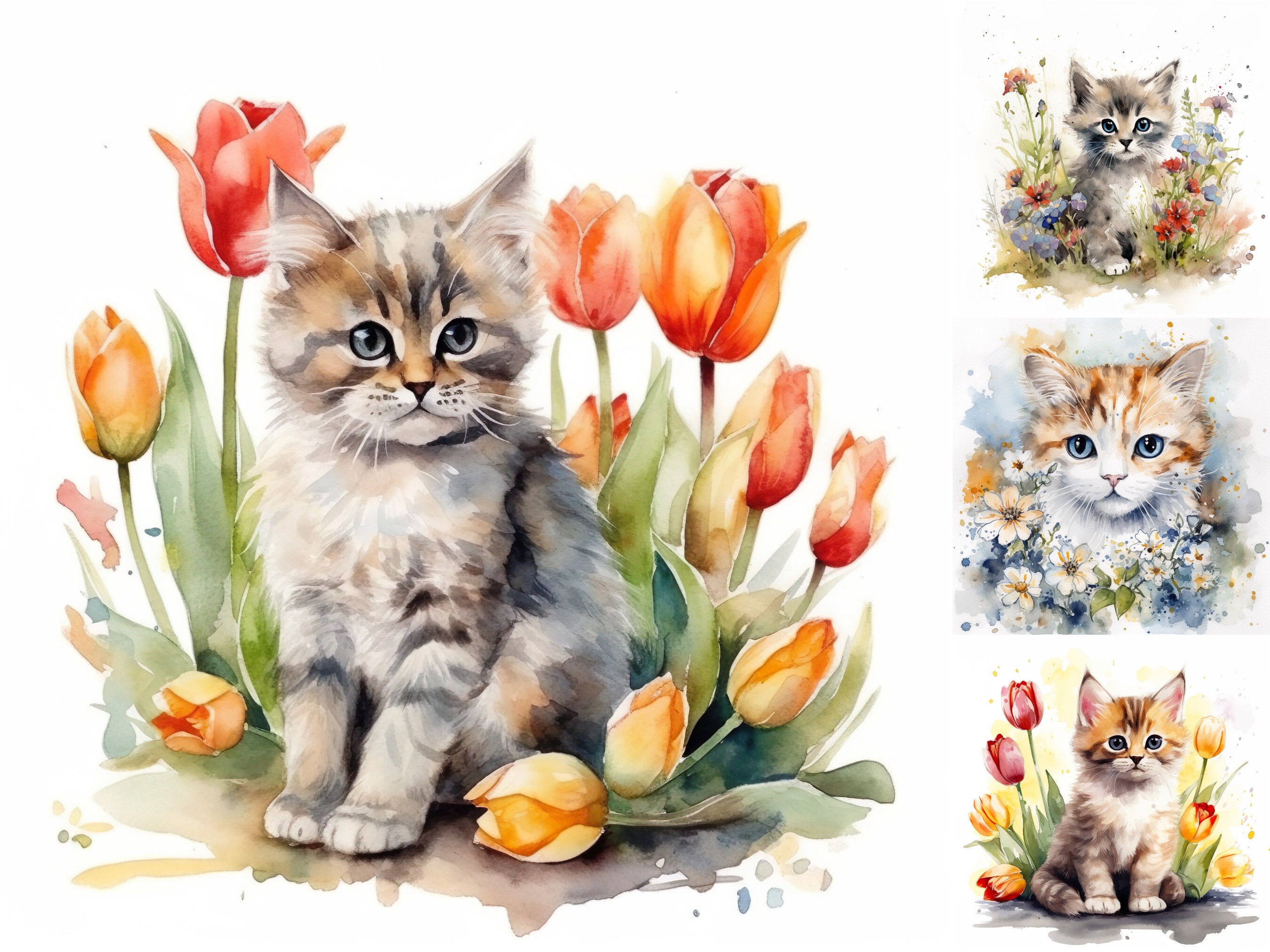 Kitten & Flowers Digital Clipart Pack - 12 High Quality Jpgs - Digital ...