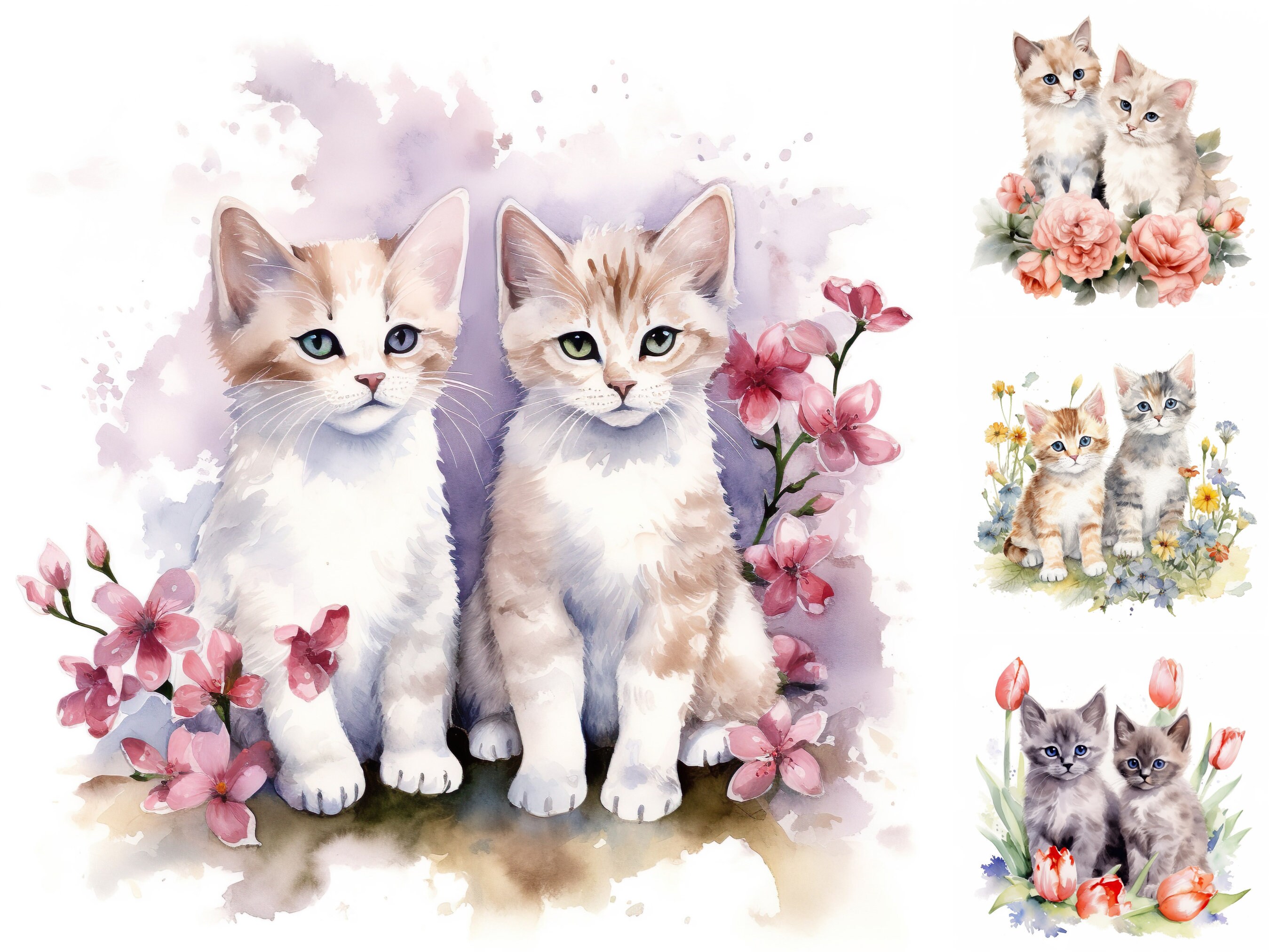 Kittens & Flowers Digital Clipart Pack - 12 High Quality Jpgs - Digital ...