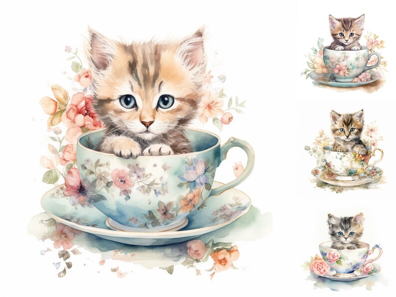 Kitten in Teacup Clipart Pack 12 High Quality Jpgs Set 1 - Etsy