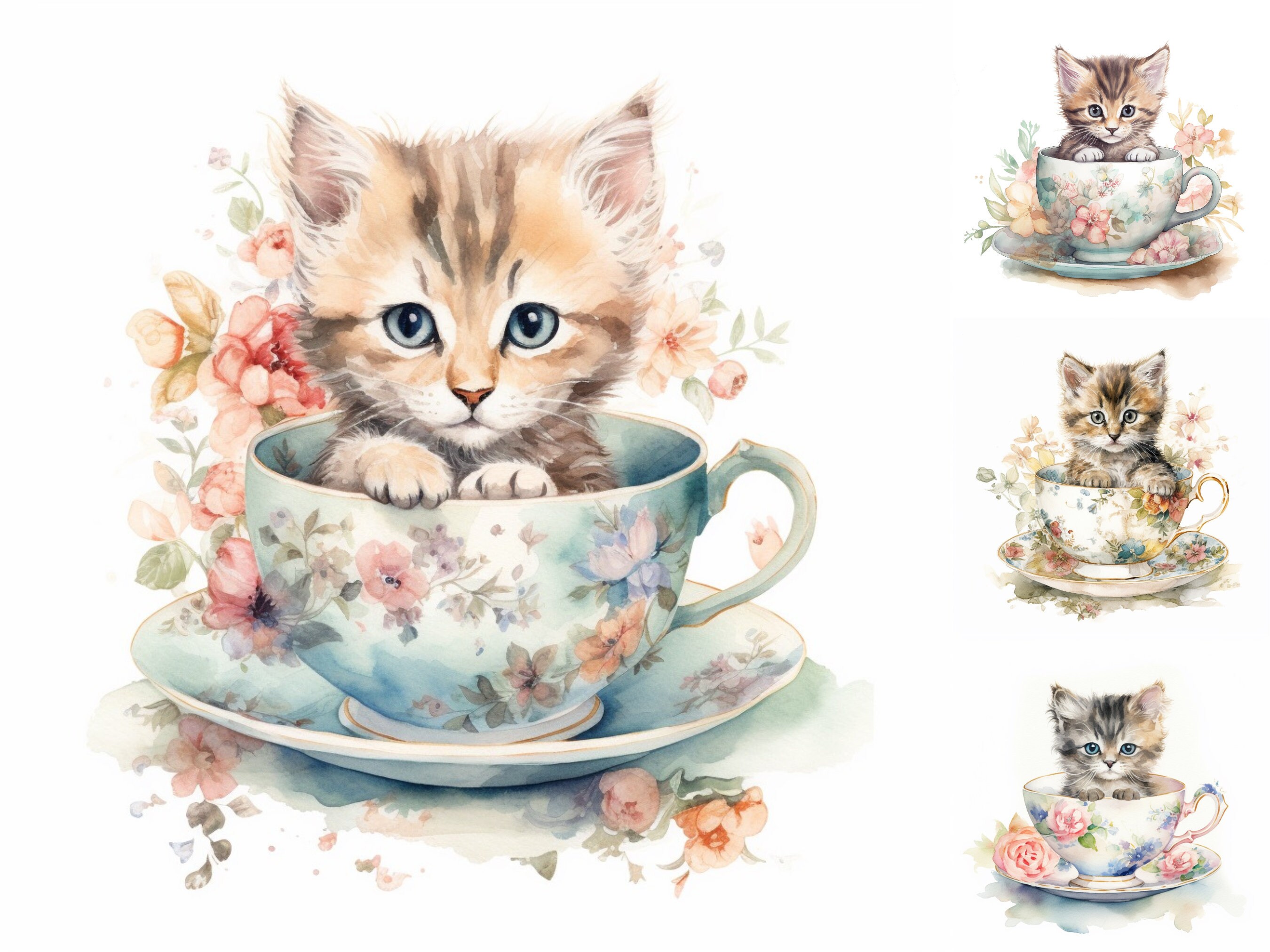 Kitten in Teacup Clipart Pack 12 High Quality Jpgs Set 1 - Etsy