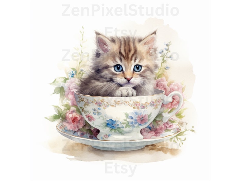 Kitten in Teacup Clipart Pack 12 High Quality Jpgs Set 1 - Etsy