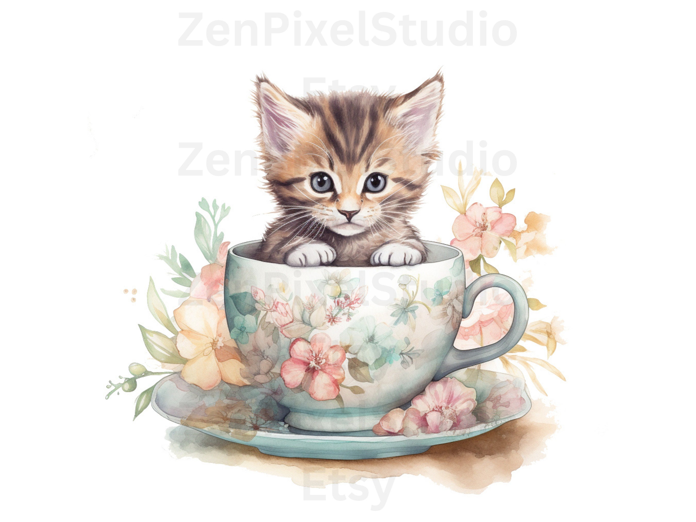 Kitten in Teacup Clipart Pack 12 High Quality Jpgs Set 1 - Etsy