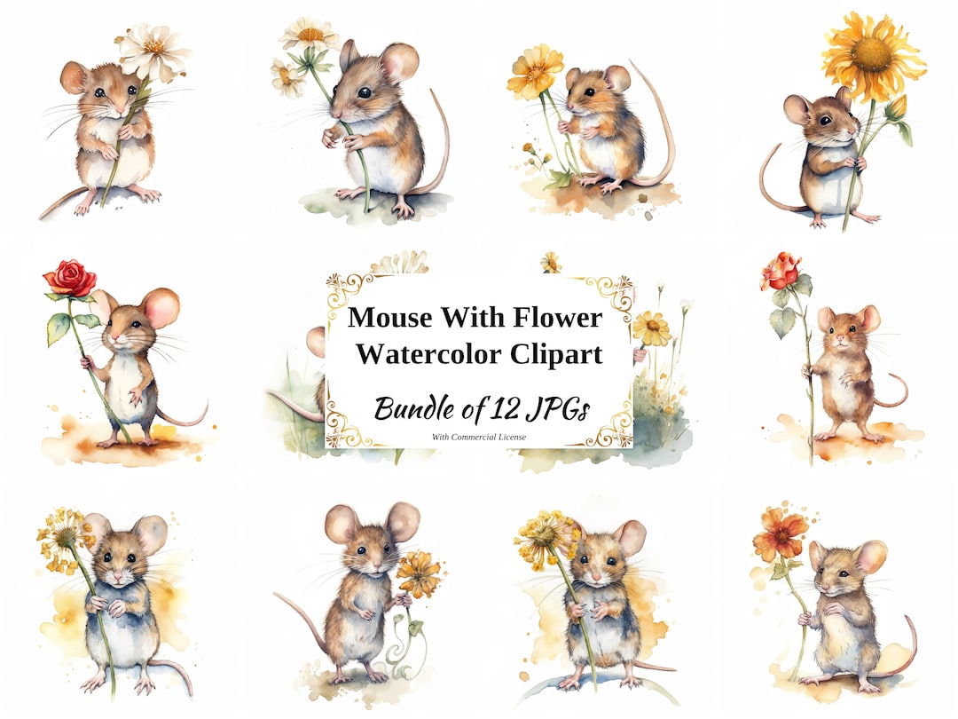 Mouse With Flower Digital Clipart Pack - 12 High Quality Jpgs - Digital ...