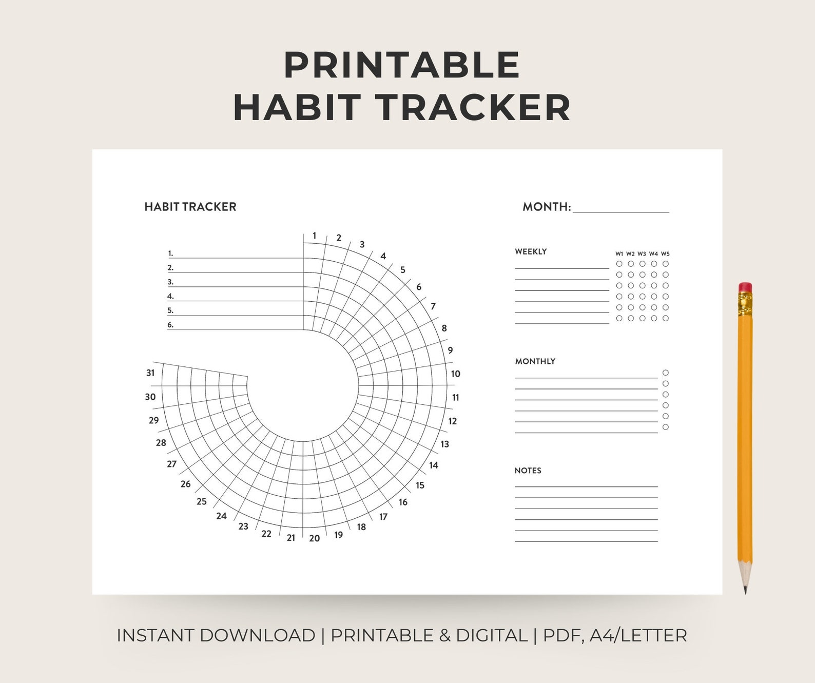Circular Daily Habit Tracker, Landscape Weekly Habit Chart, Digital ...