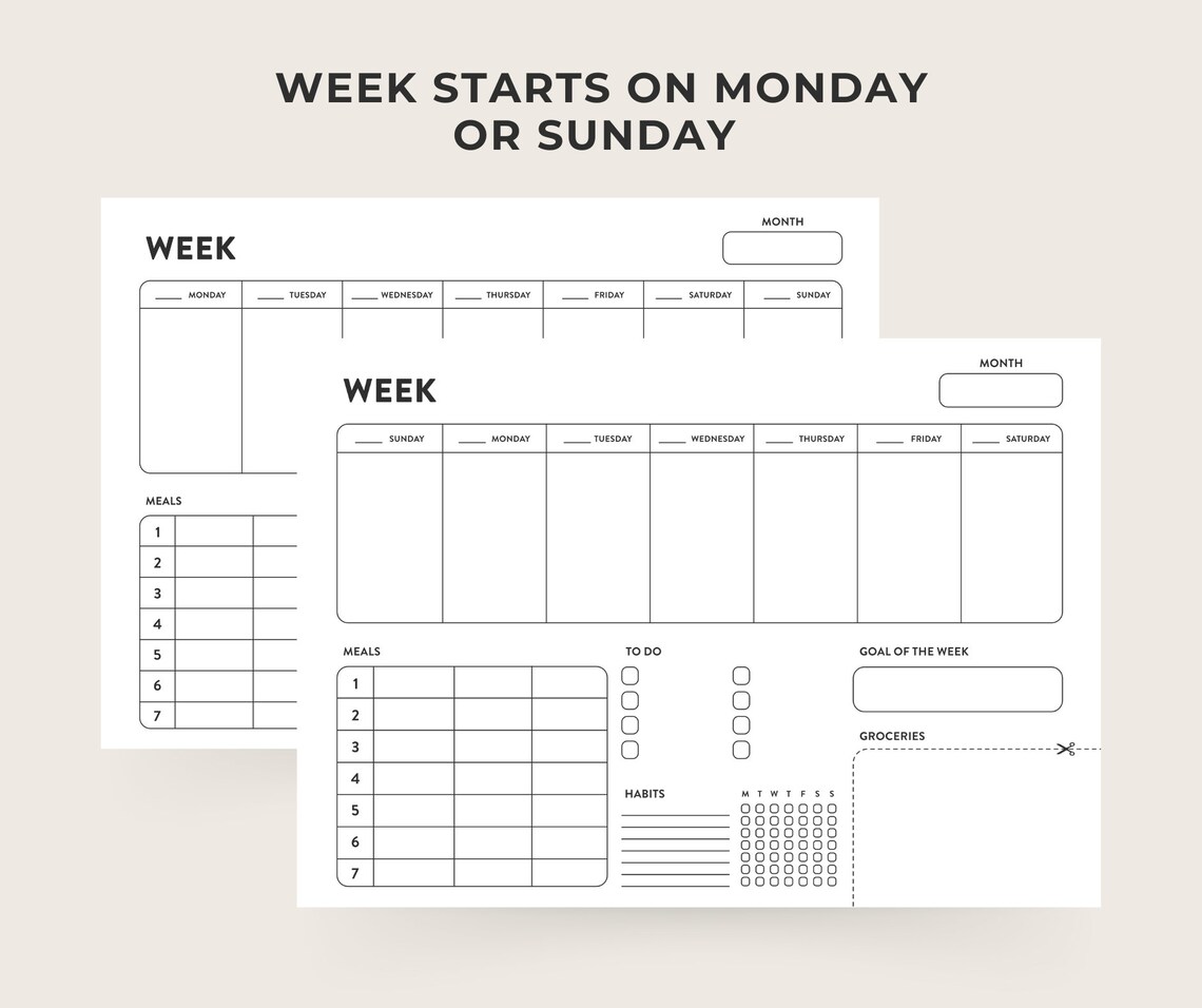 Printable Undated Weekly Planner, Landscape Minimalist Meal Organizer ...