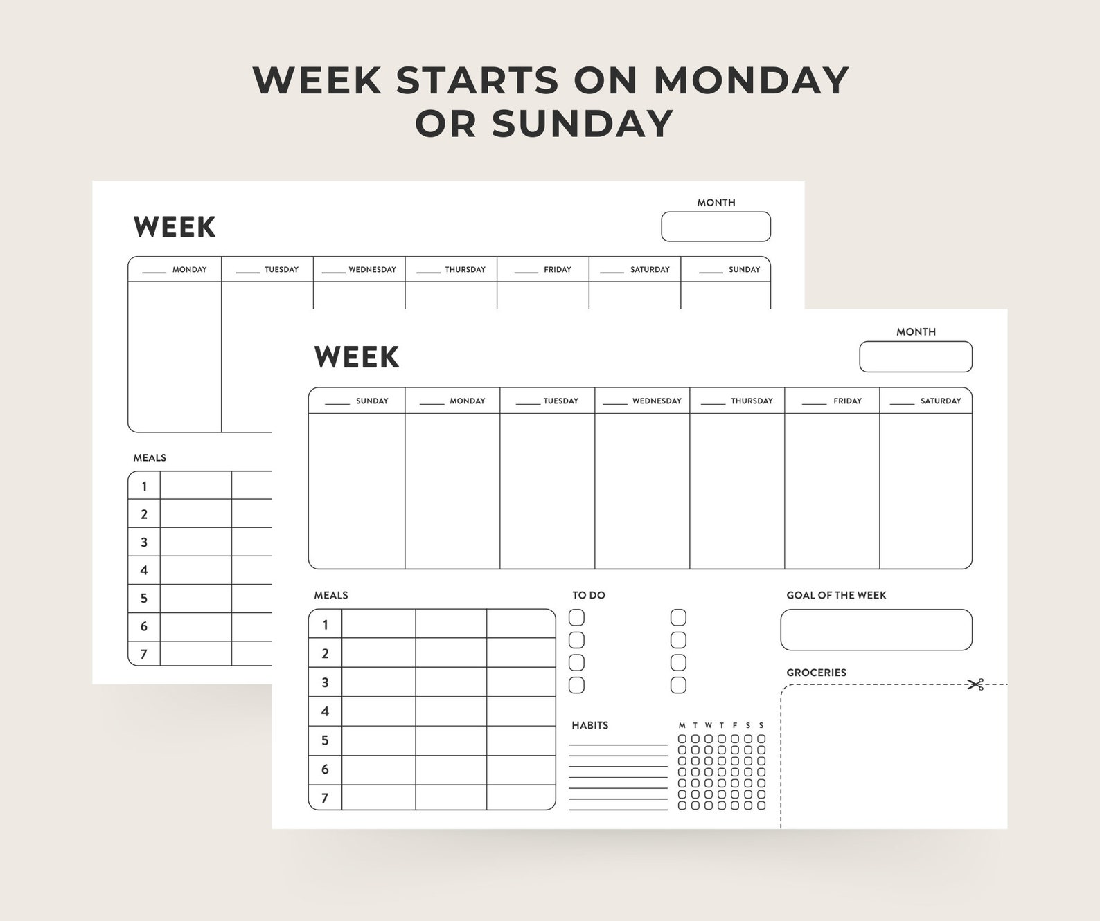 Printable Undated Weekly Planner, Landscape Minimalist Meal Organizer ...