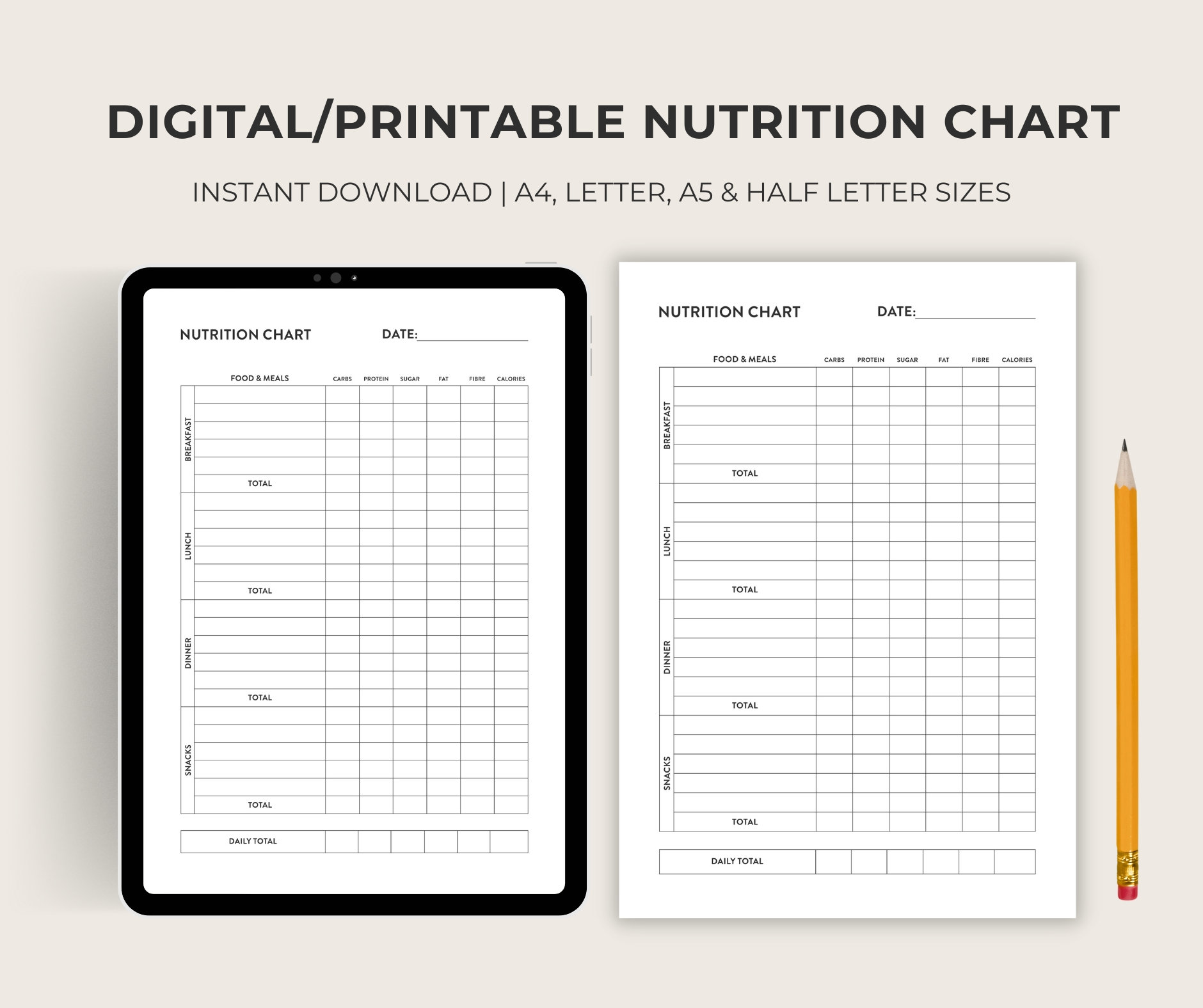 Daily Nutrition Chart, Printable/digital | Instant Download | Food Log ...